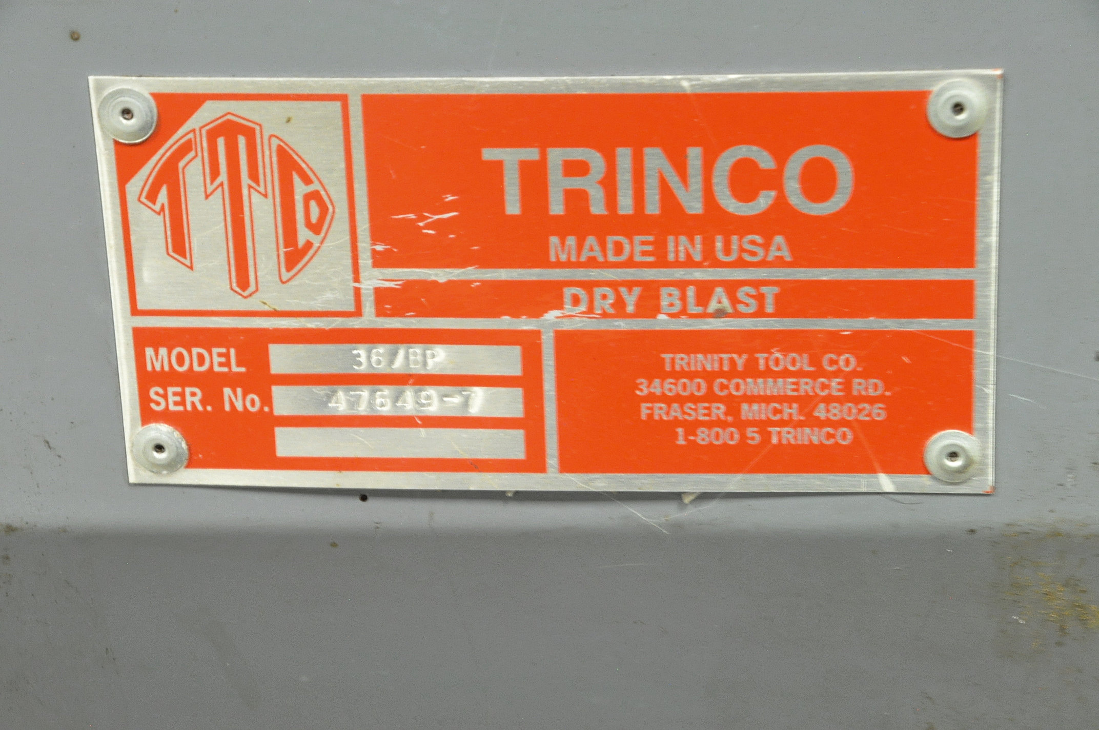 Trinco Model 36/BP, 2-Hole Dry Shot Blast Cabinet, S/n 47649-7, 36" x ...