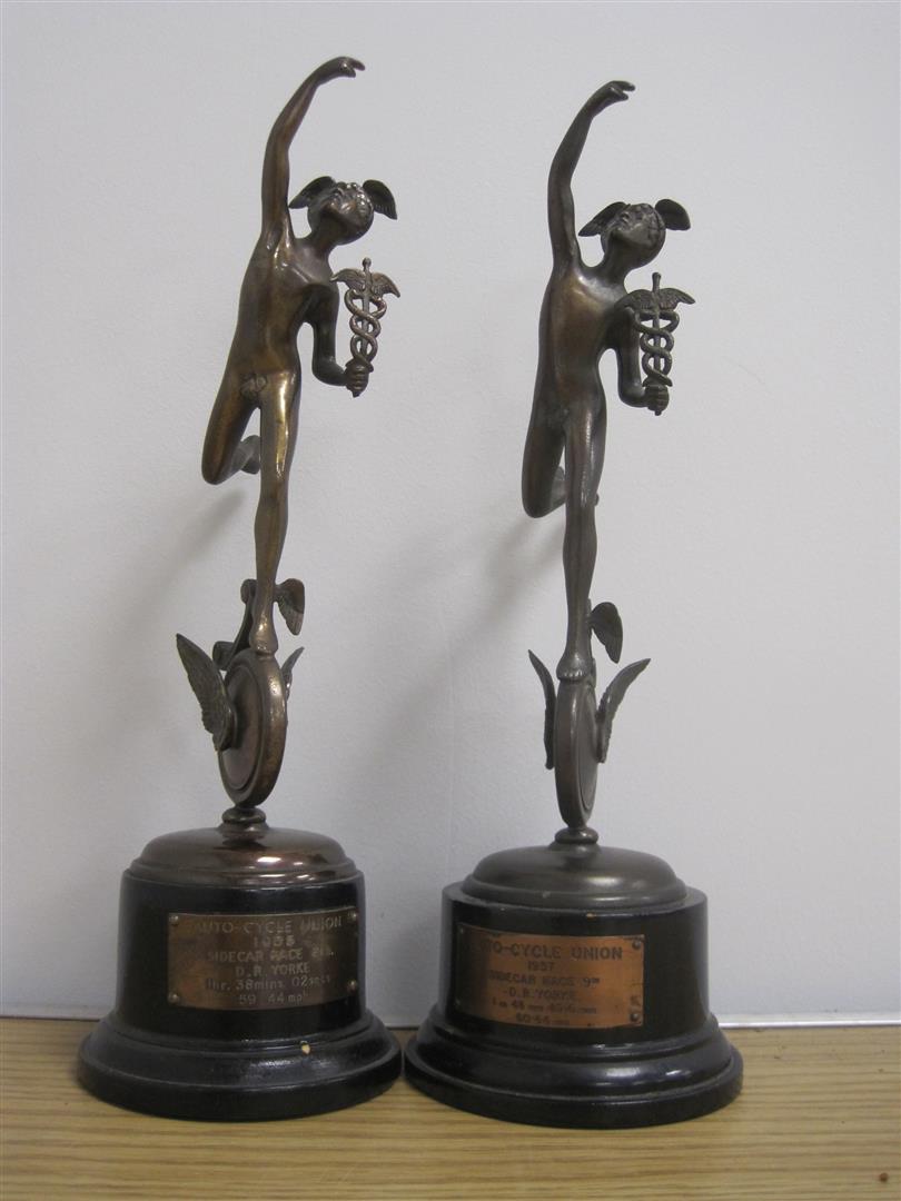 TT Replica bronze trophies (2) won by Derek Yorke in sidecar race 1955 ...