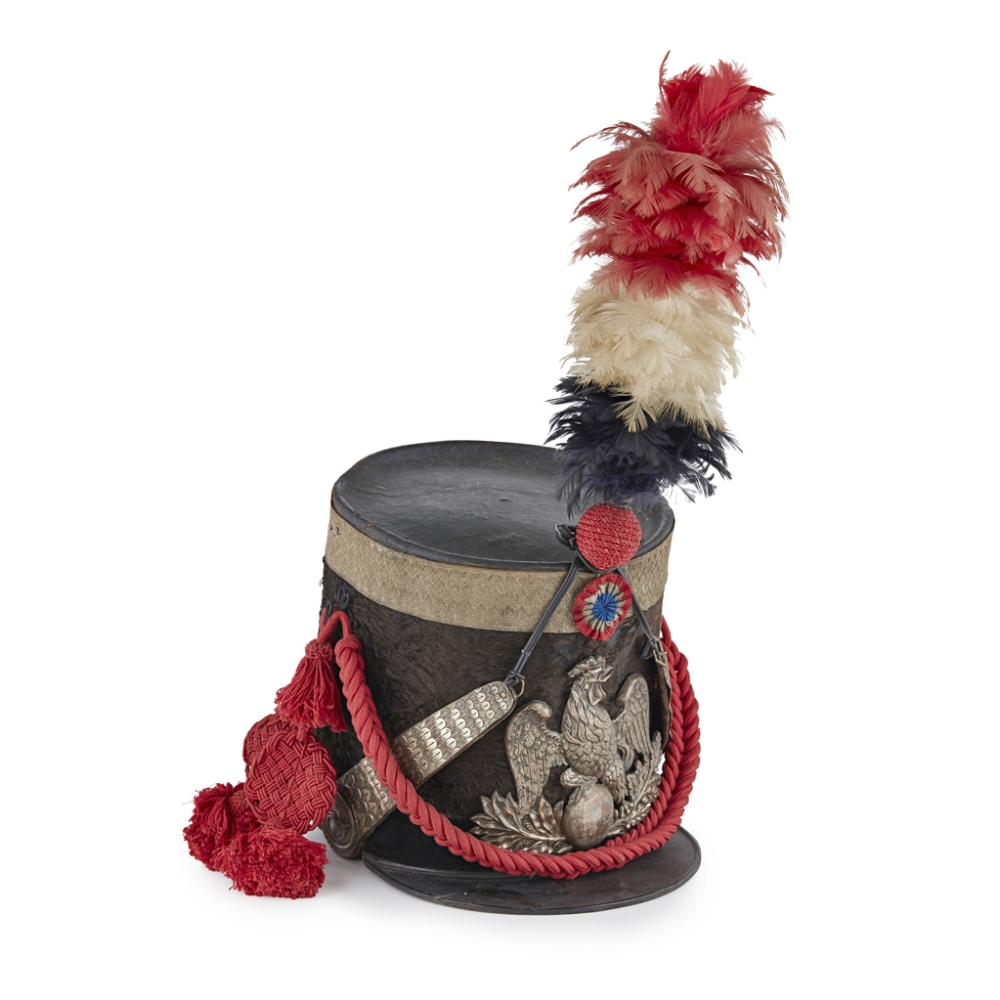 FRENCH OFFICER'S SHAKO EARLY 19TH CENTURY with a tri-coloured feather ...