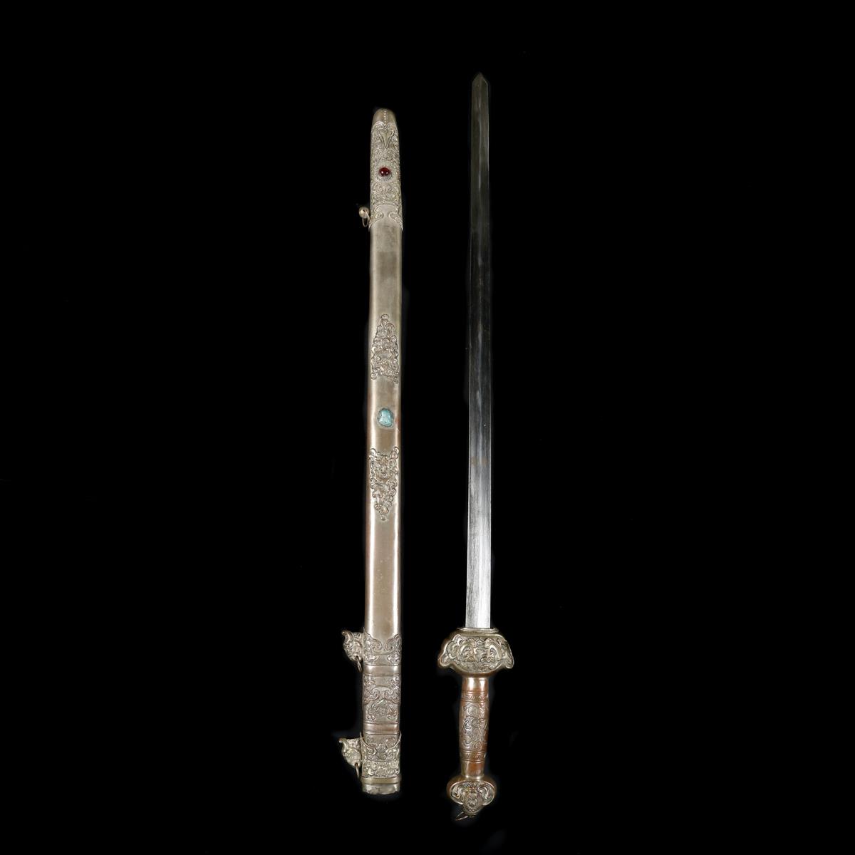 A Chinese sword jian, straight DE blade 27½", copper hilt embossed with ...