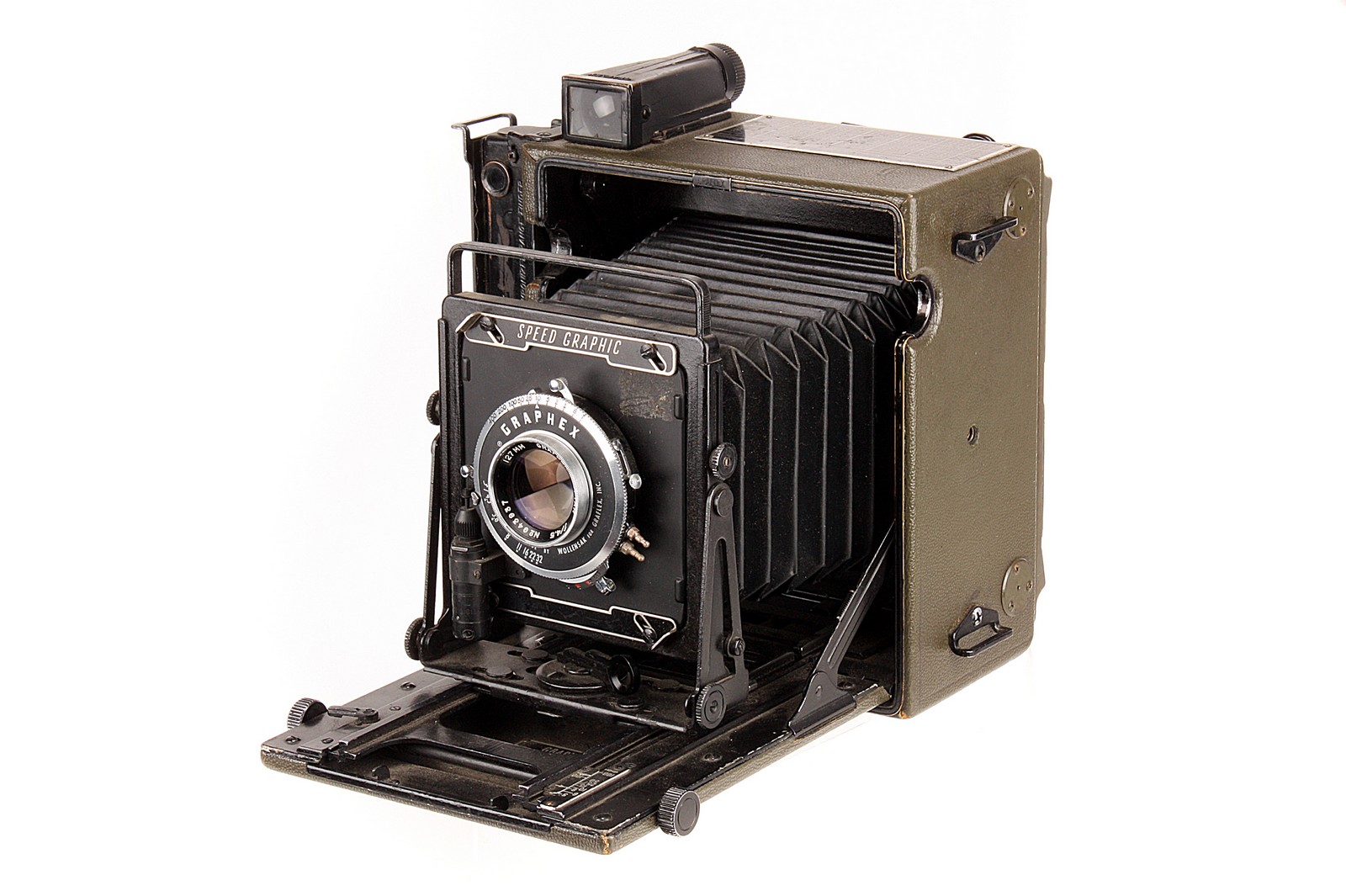 A Graflex Speed Graphic Signal Corps U.S. Army KE-12-1 Camera, green, serial no. 892576, military