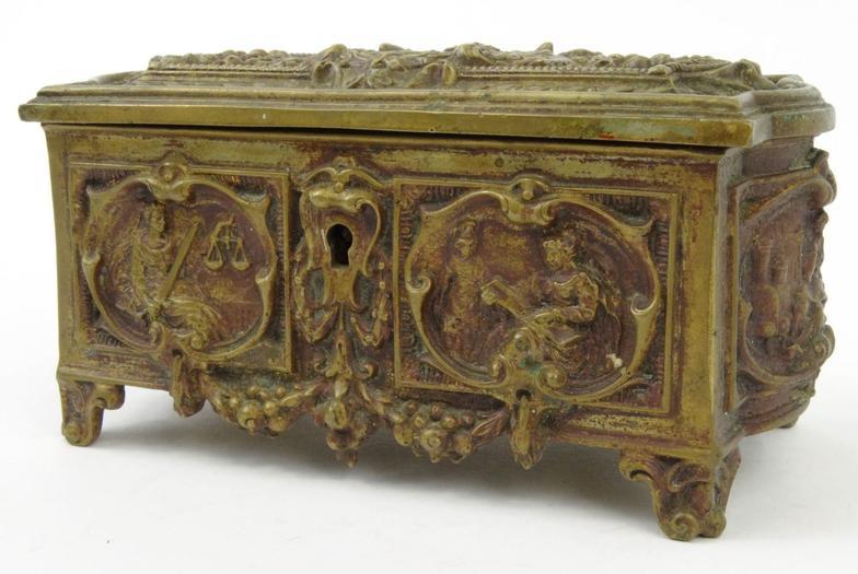 Victorian commemorative brass casket 1837-1897, decorated with panels ...