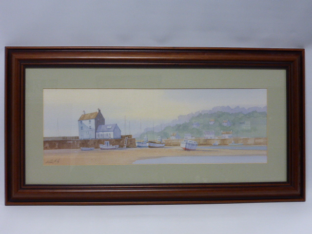 Nick Grant - watercolour of harbour scene with boats in Polperro ...