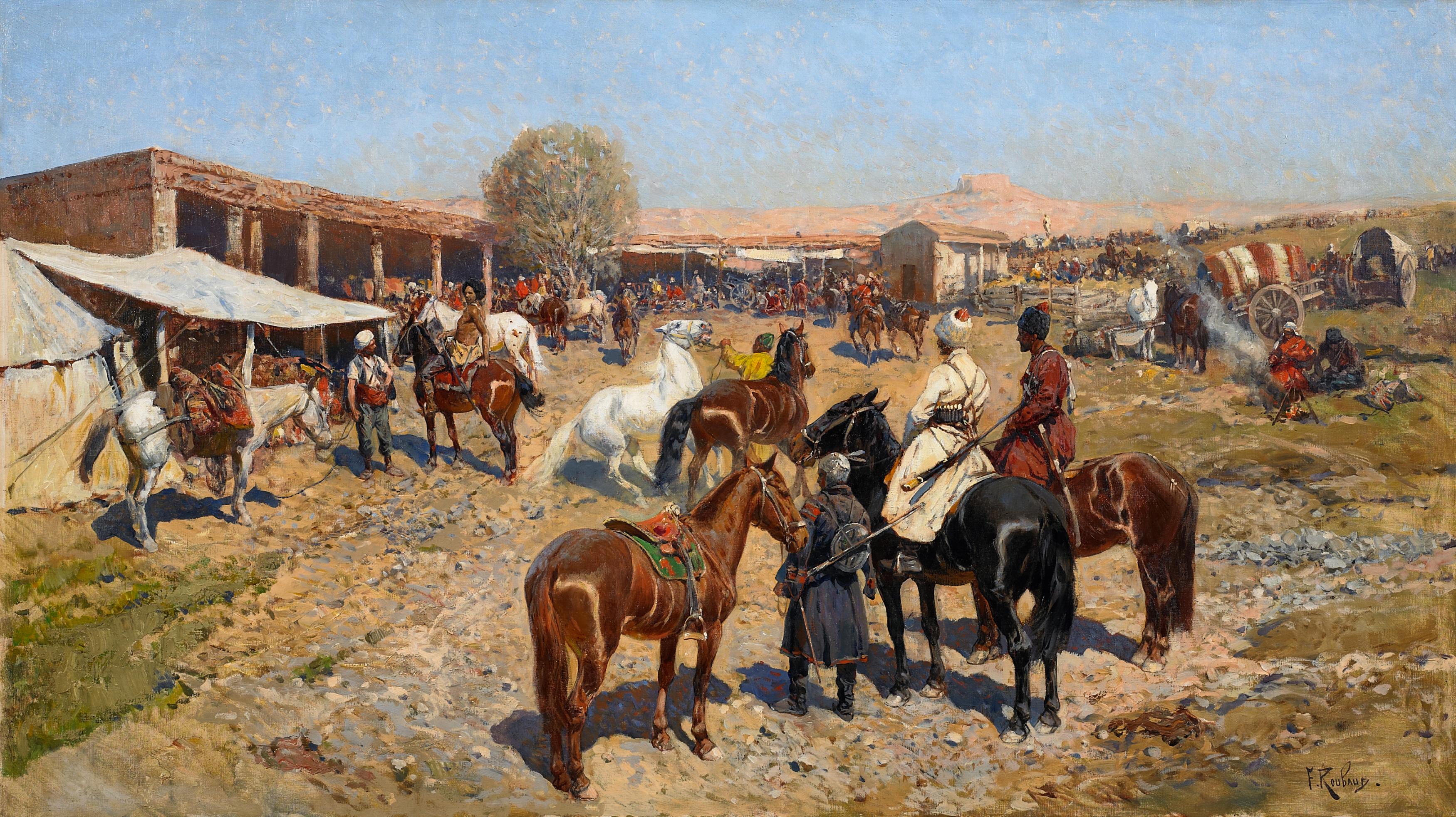 ROUBAUD, FRANZ 1856 Odessa - 1928 Munich Horse Market. Oil on canvas ...