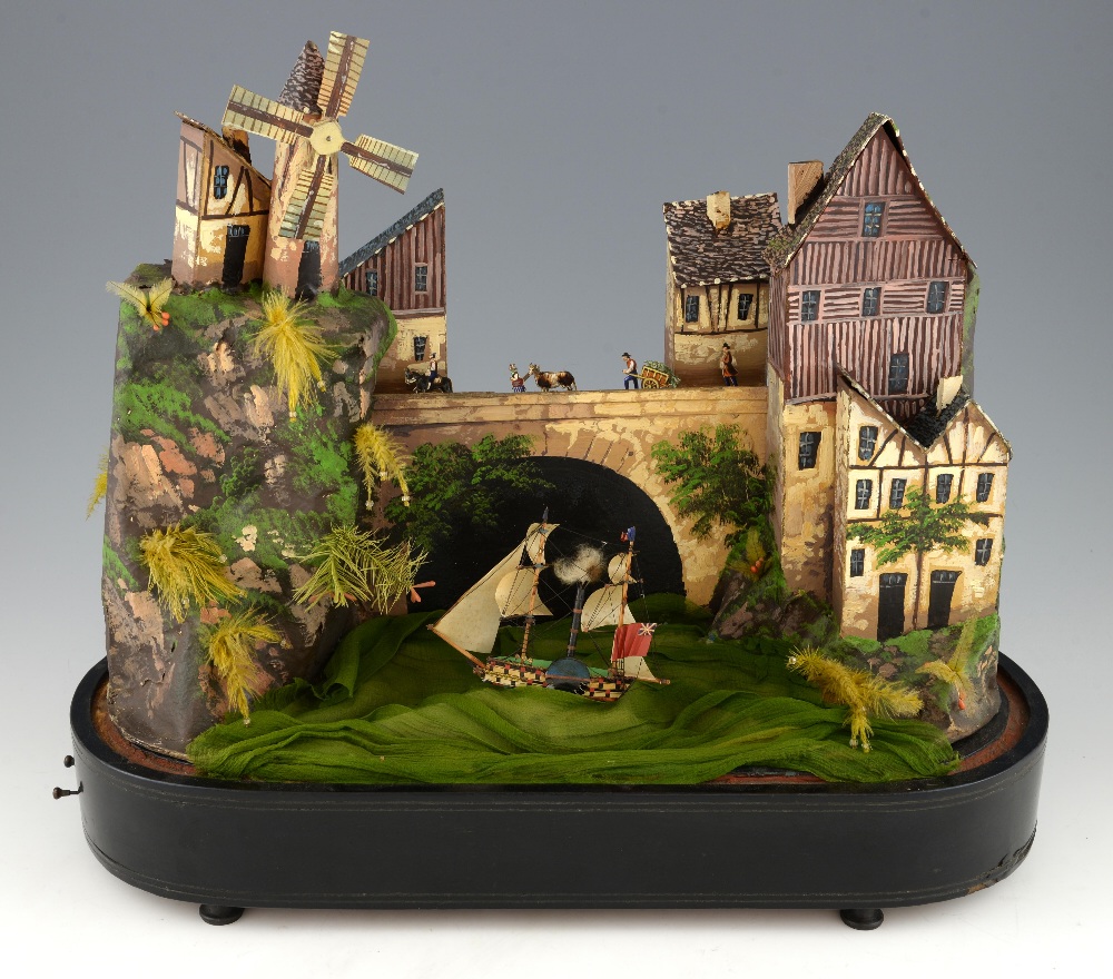 Victorian automaton diorama set under handpainted glass dome including ...