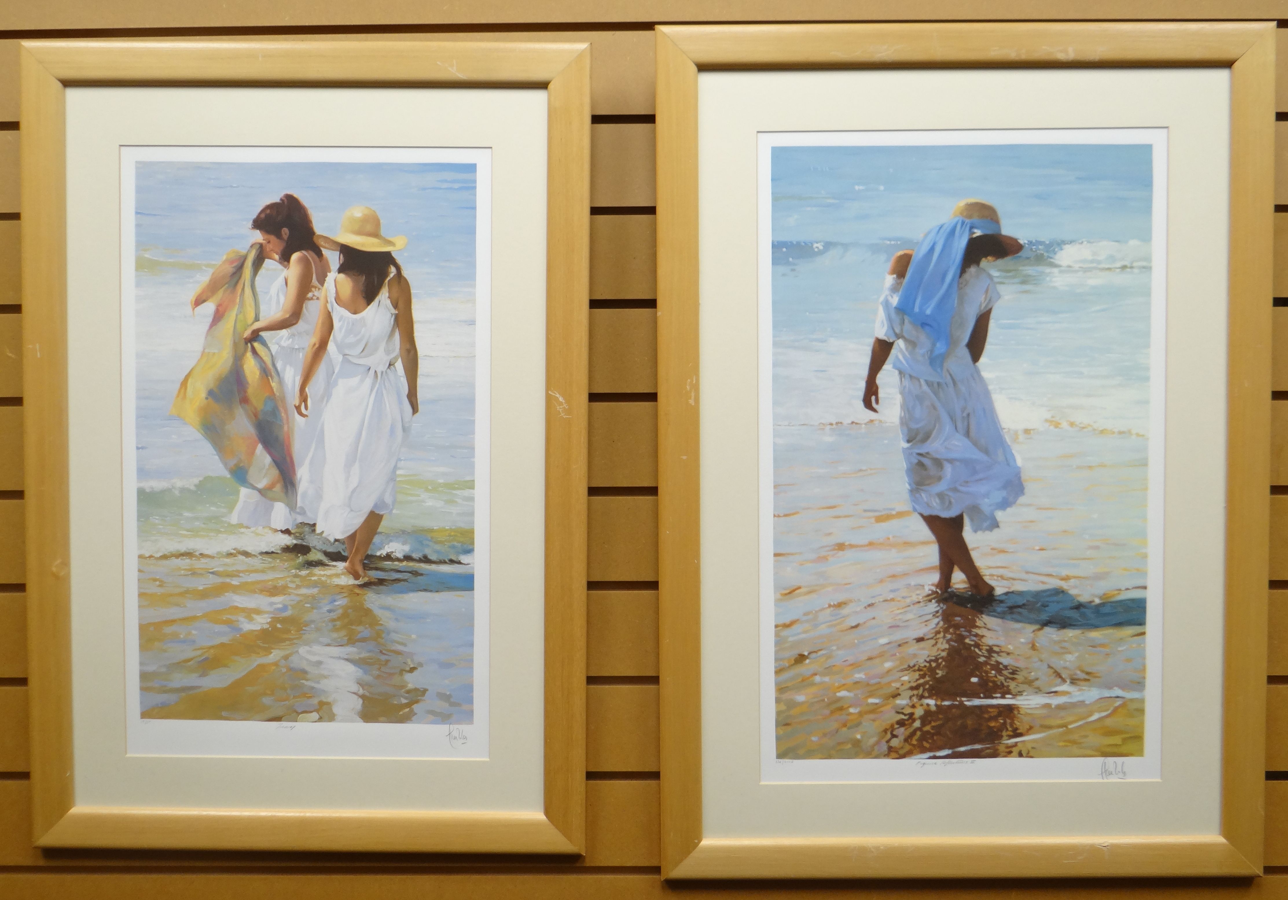 TWO ORIGINAL SERIGRAPH PRINTS: Luis Ribas, lady paddling on the shore ...
