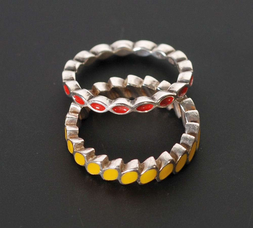 PANDORA, TWO ENAMELLED SILVER TWIST RINGS, yellow and red enamel, S925 ...