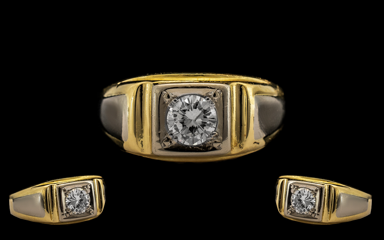 18ct Gold Gents Contemporary Single Stone Diamond Ring Set With A Round ...