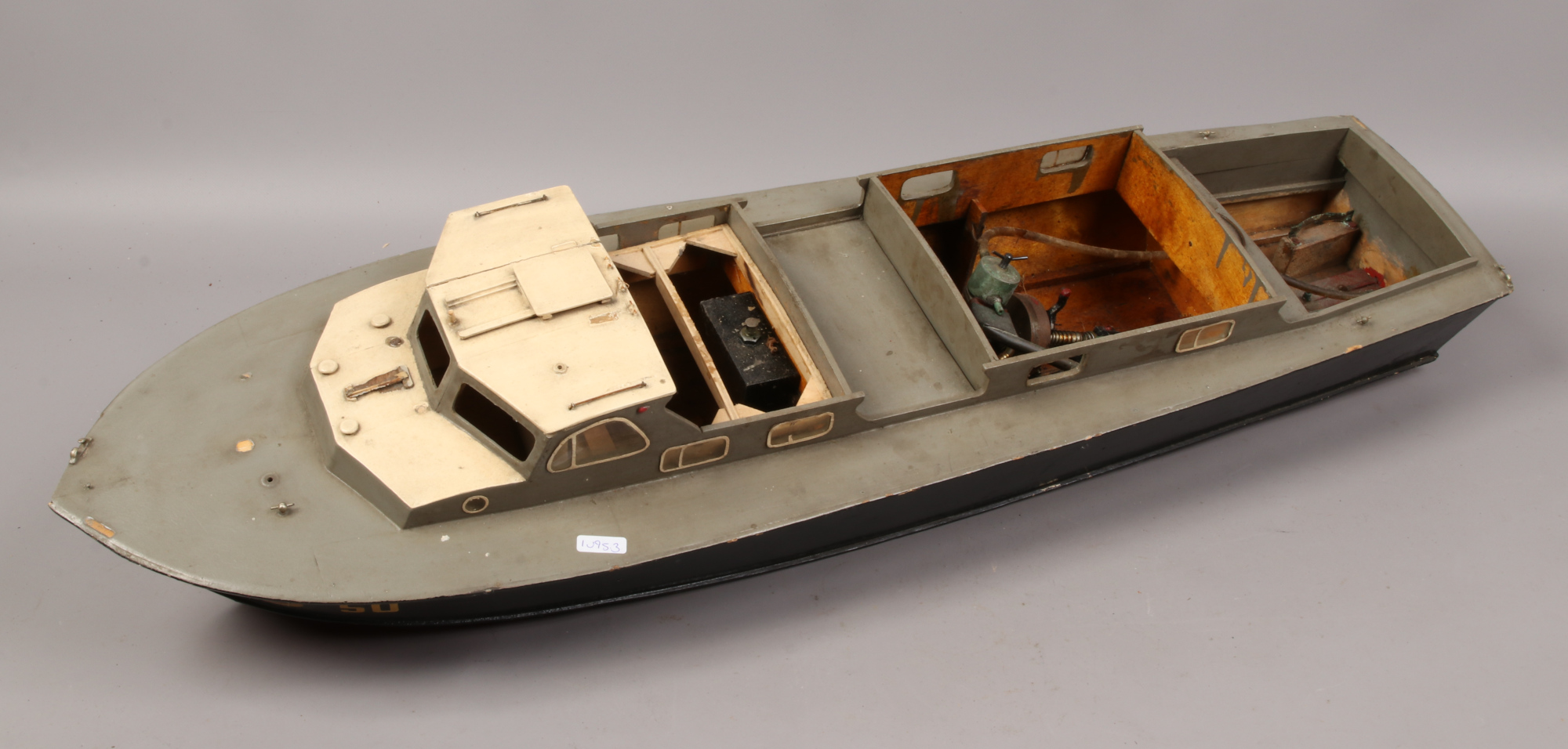 A 1950s RAF fire / crash tender model boat, all wooden construction ...