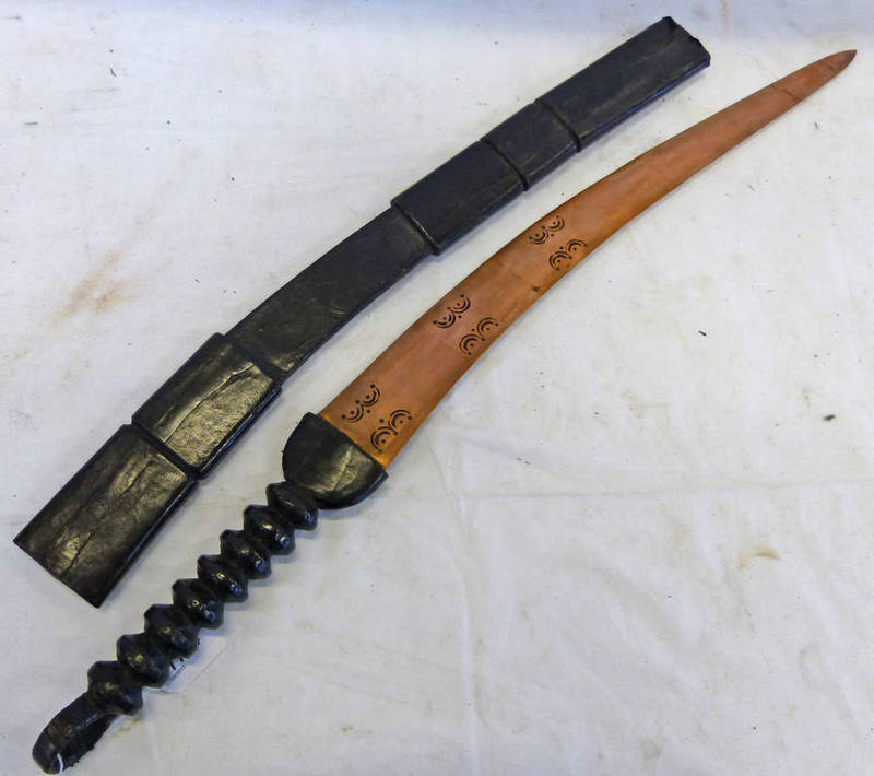 NORTH AFRICAN SWORD WITH RING POMMEL, TOOLED LEATHER HILT AND SCABBARD ...
