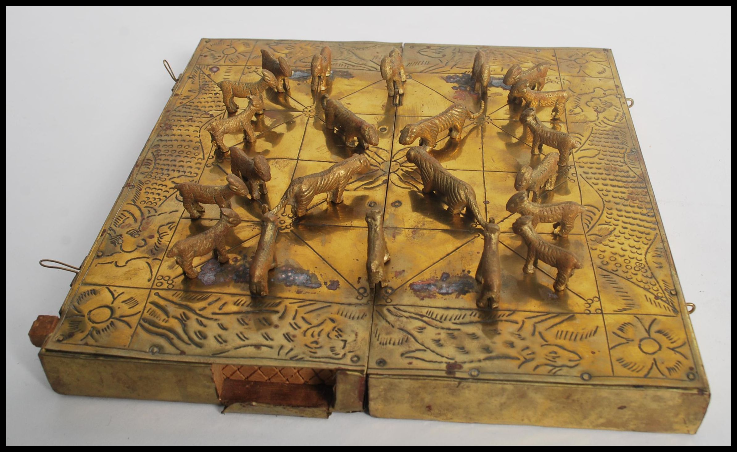 A vintage Oriental Nepal brass Bagha-Chal moving tigers game and board ...