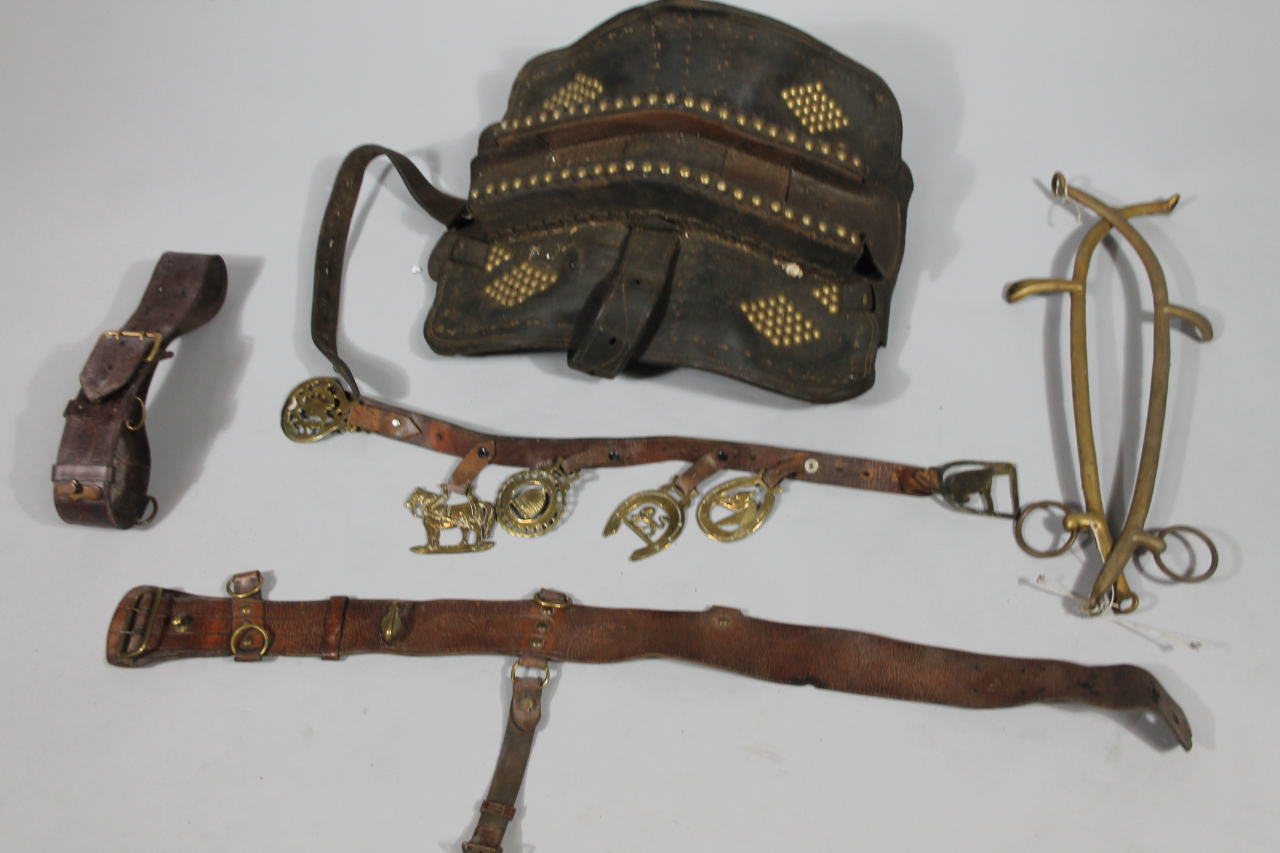 Various brassware, etc., to include an elaborate leather brass studded ...