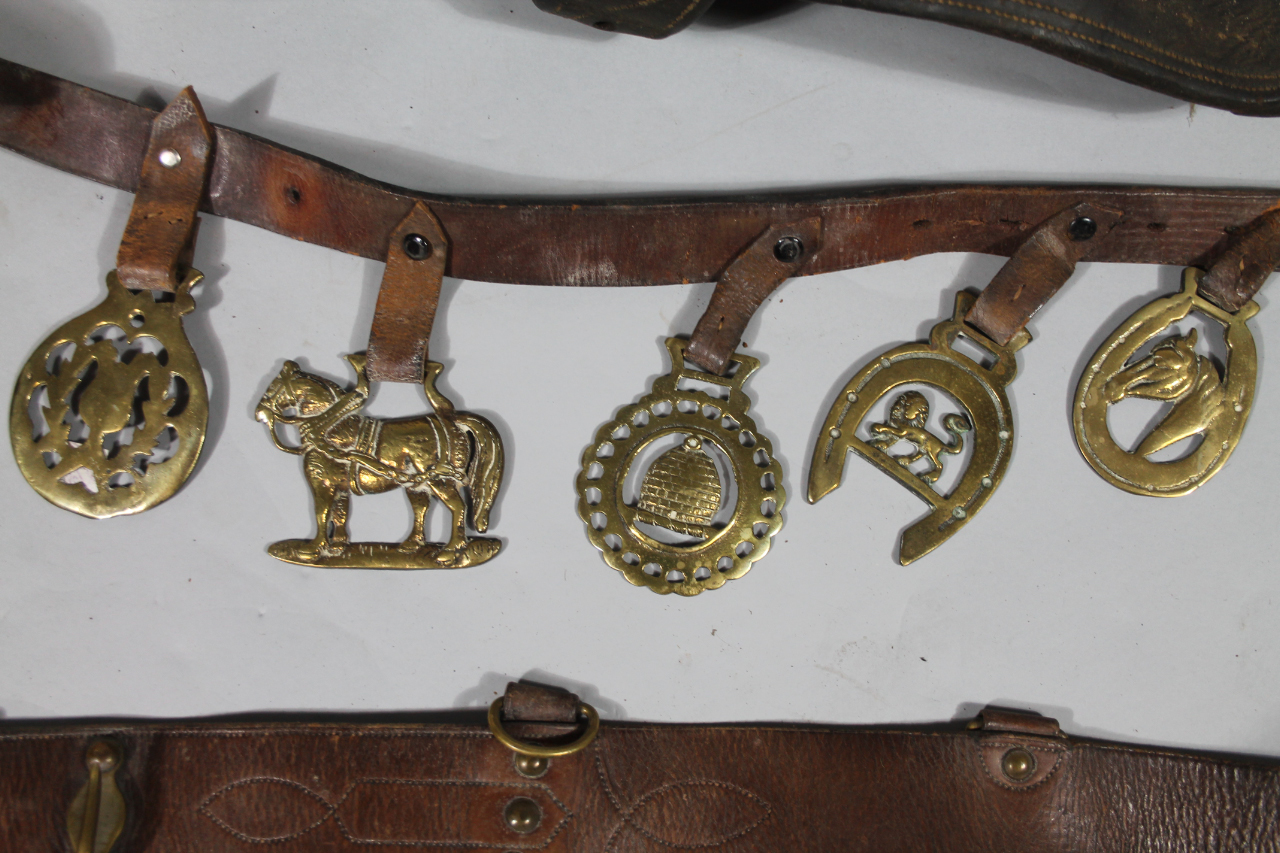 Various brassware, etc., to include an elaborate leather brass studded ...