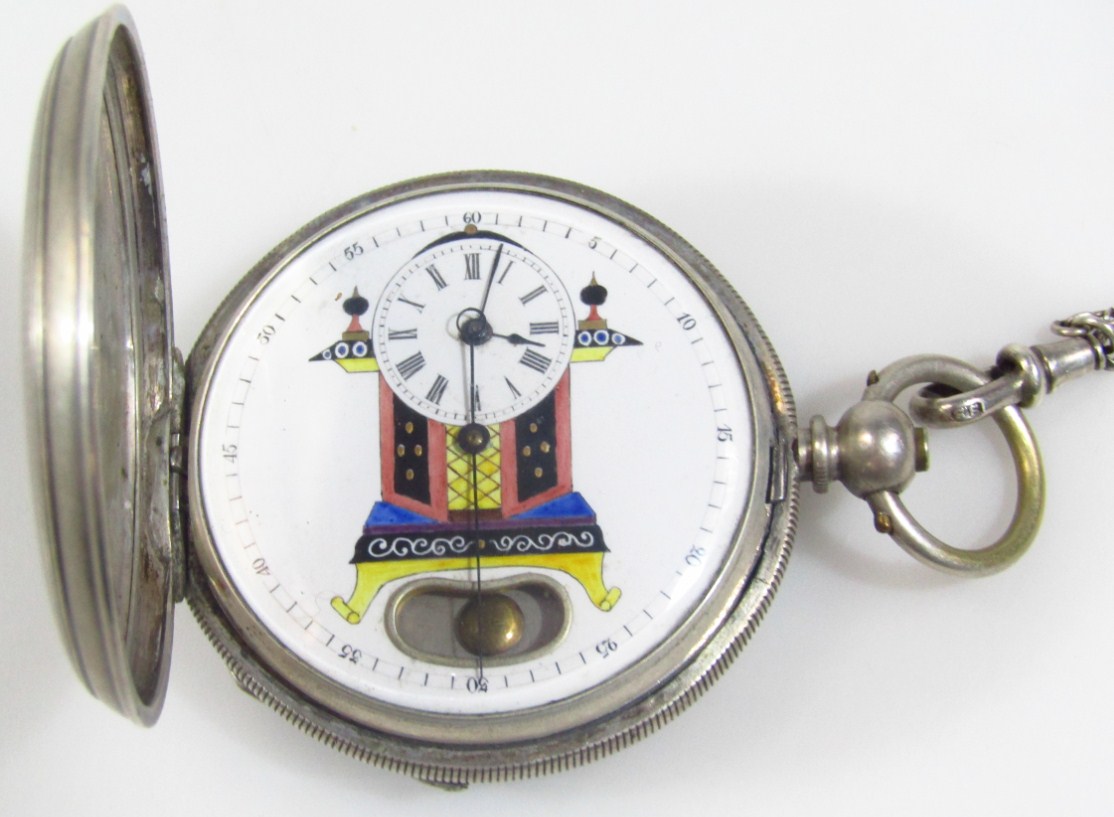 A 20thC patented Duplex Pendule pocket watch, with visible pendulum and ...