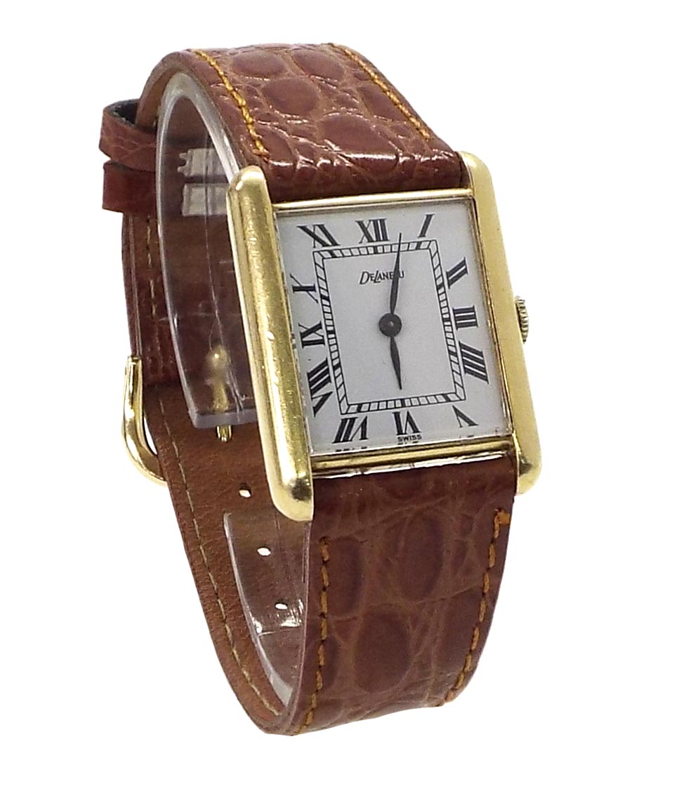 Delaneau 18ct tank mid-size wristwatch, the white dial with Roman ...
