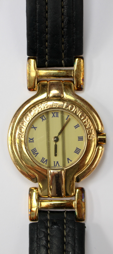 A ladies Longines 'Rodolphe' gold plated quartz watch, with cream dial ...