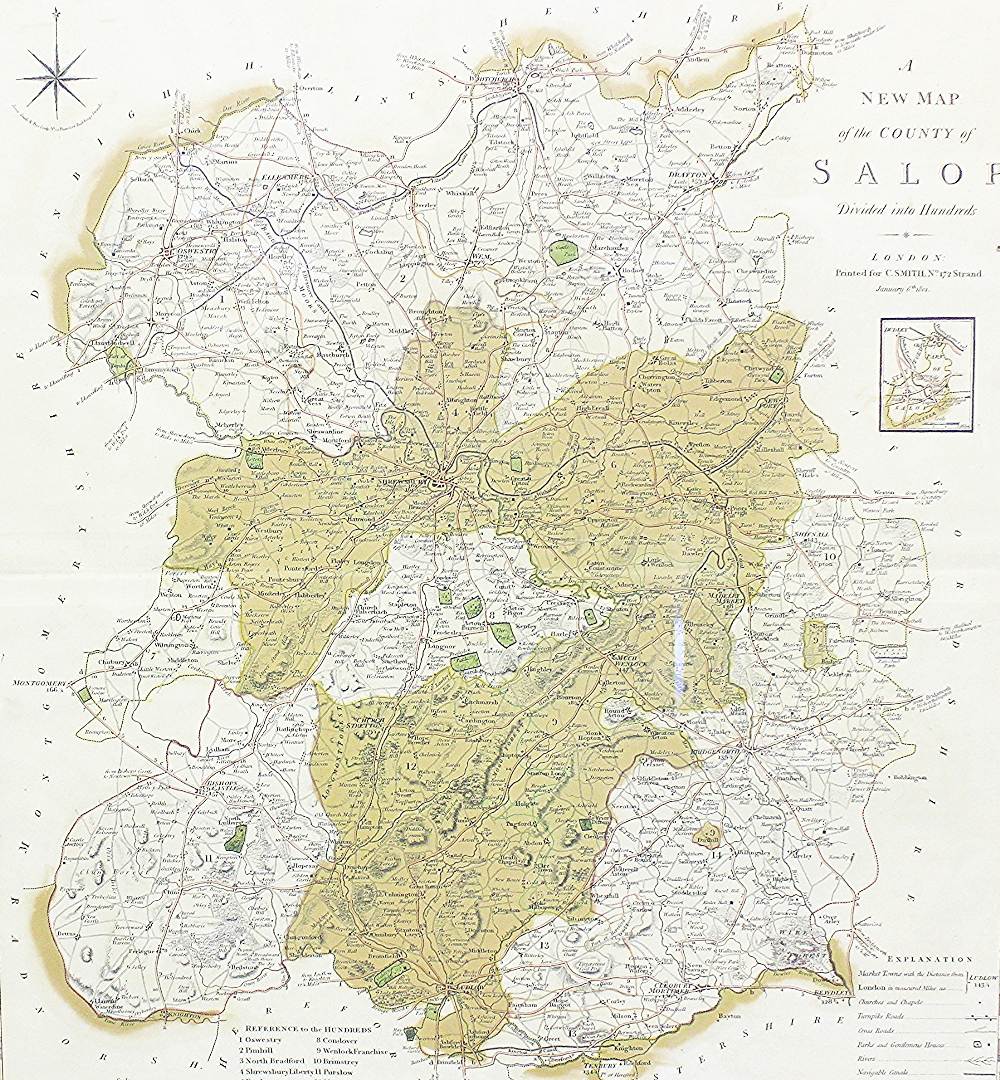 A New Map of the County of Salop, Early 19th century engraving with ...