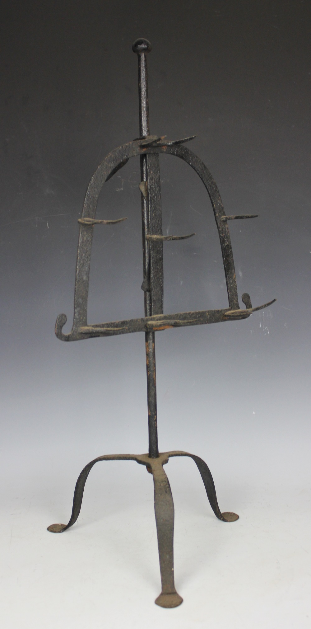 A late 18th century wrought iron lark spit, on tripod base, 78cm