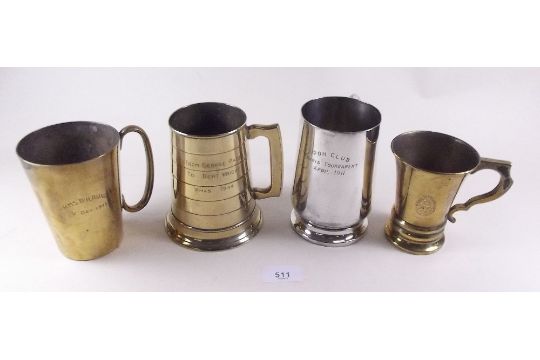 An HMS Bherunda brass tankard 'V Day 1945', two other brass tankards ...