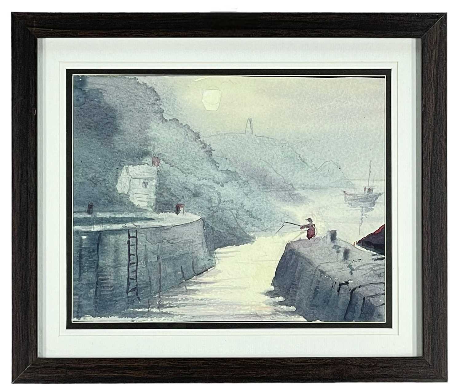 ALUN DAVIES (Contemporary Welsh) watercolour - fisherman on harbour ...