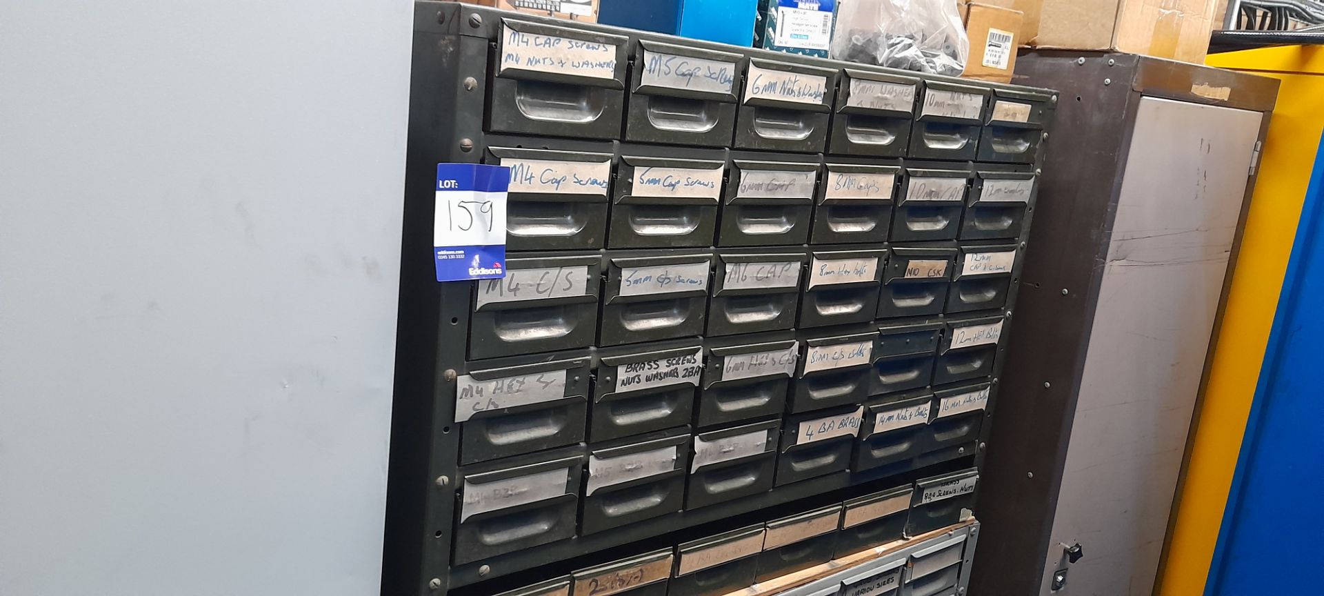 Steel drawer set & contents of various screws, bolts etc.