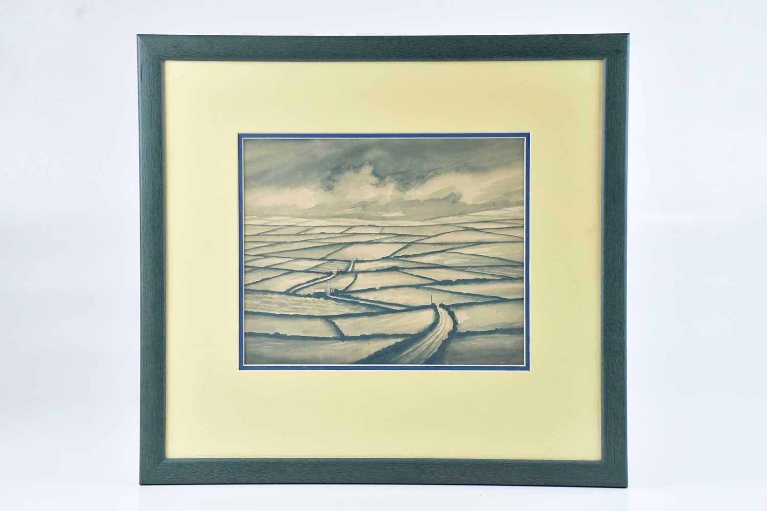 TREVOR GRIMSHAW (1947-2001); watercolour, farmhouse and fields, signed ...