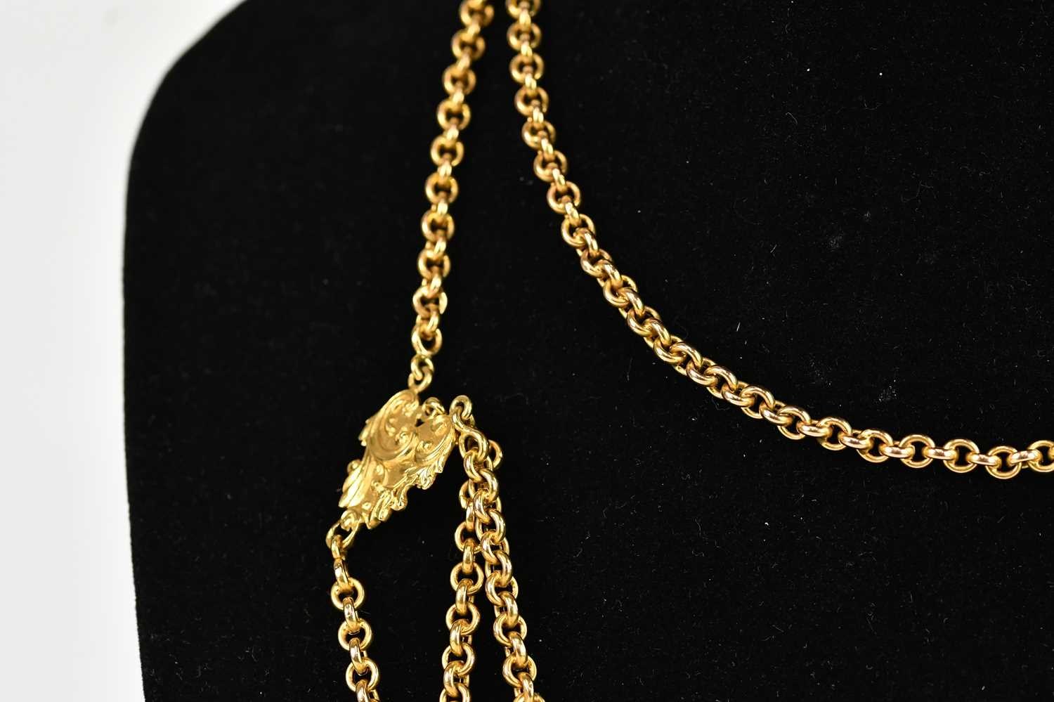 A large yellow metal three strand belcher type chain, length 940mm ...