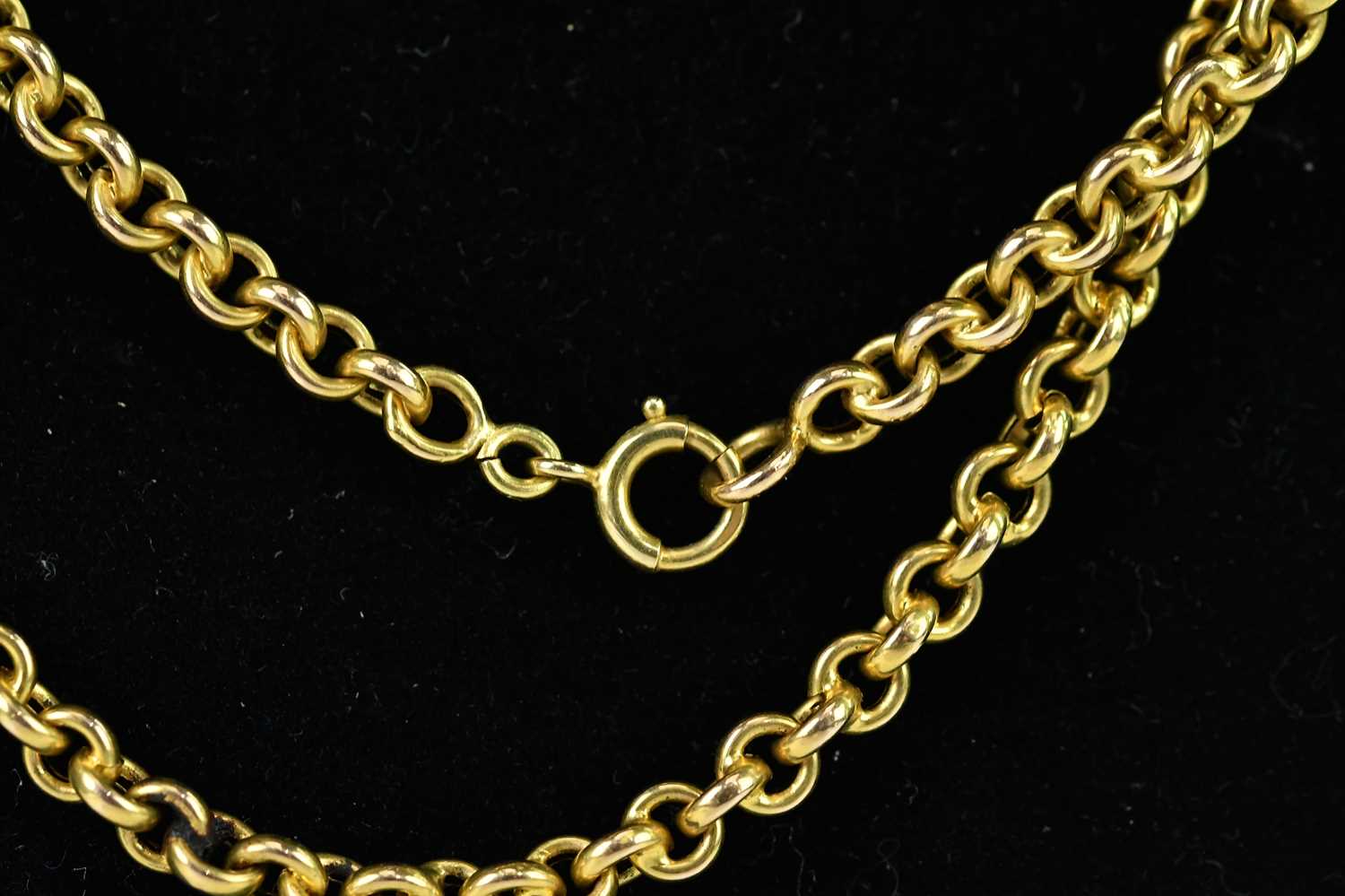 A large yellow metal three strand belcher type chain, length 940mm ...