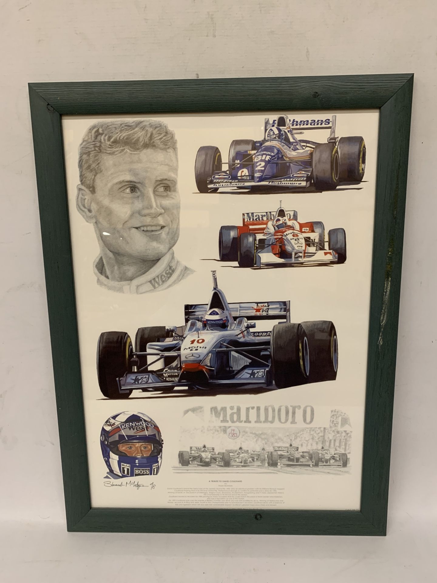 A FRAMED ART PRINT 'A TRIBUTE TO DAVID COULTHARD' SIGNED BY ARTIST ...