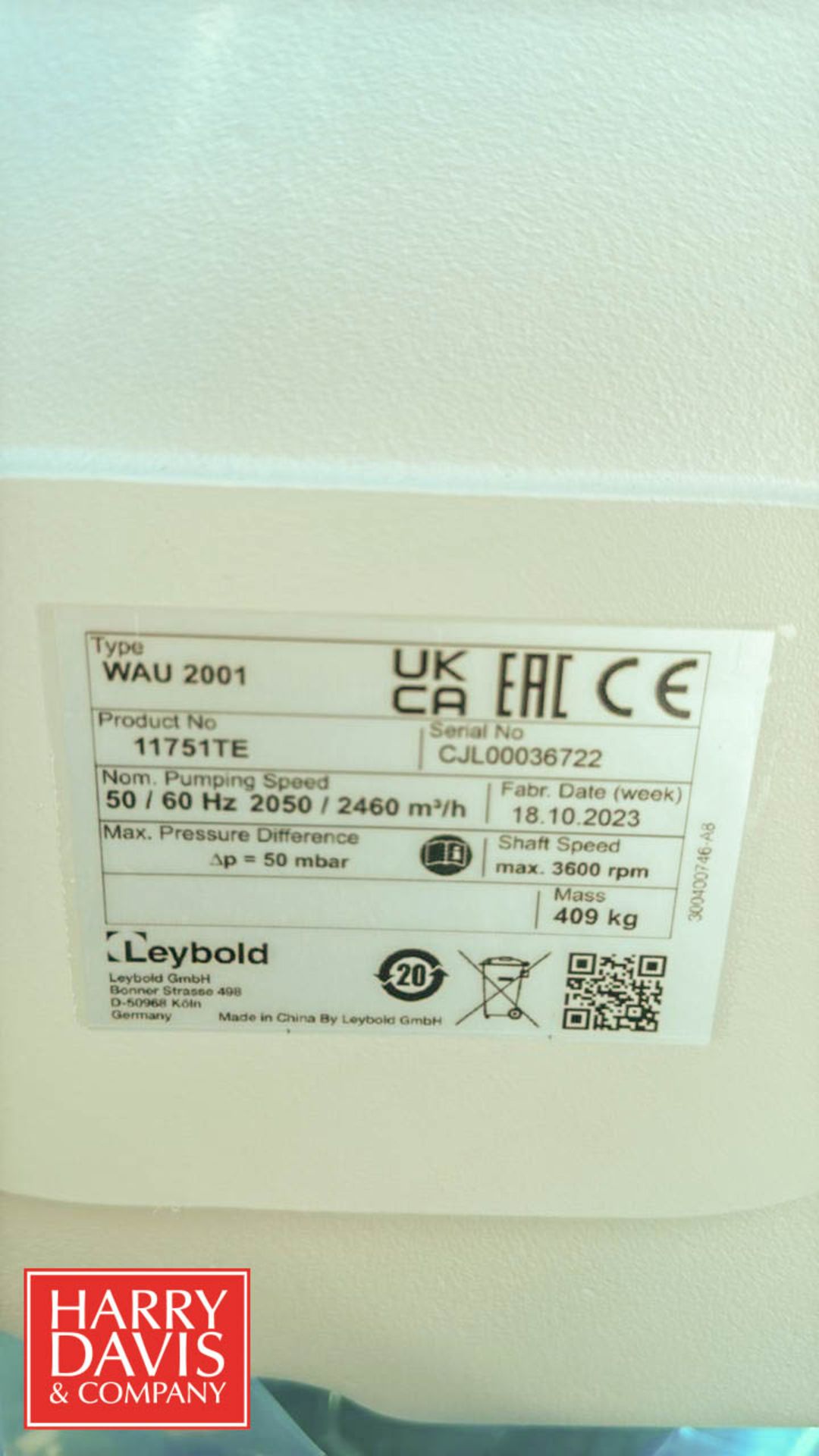 Leybold Roots Vacuum Pump, Model: WAU 2001, S/N: CJL00036722 with 3,600 ...