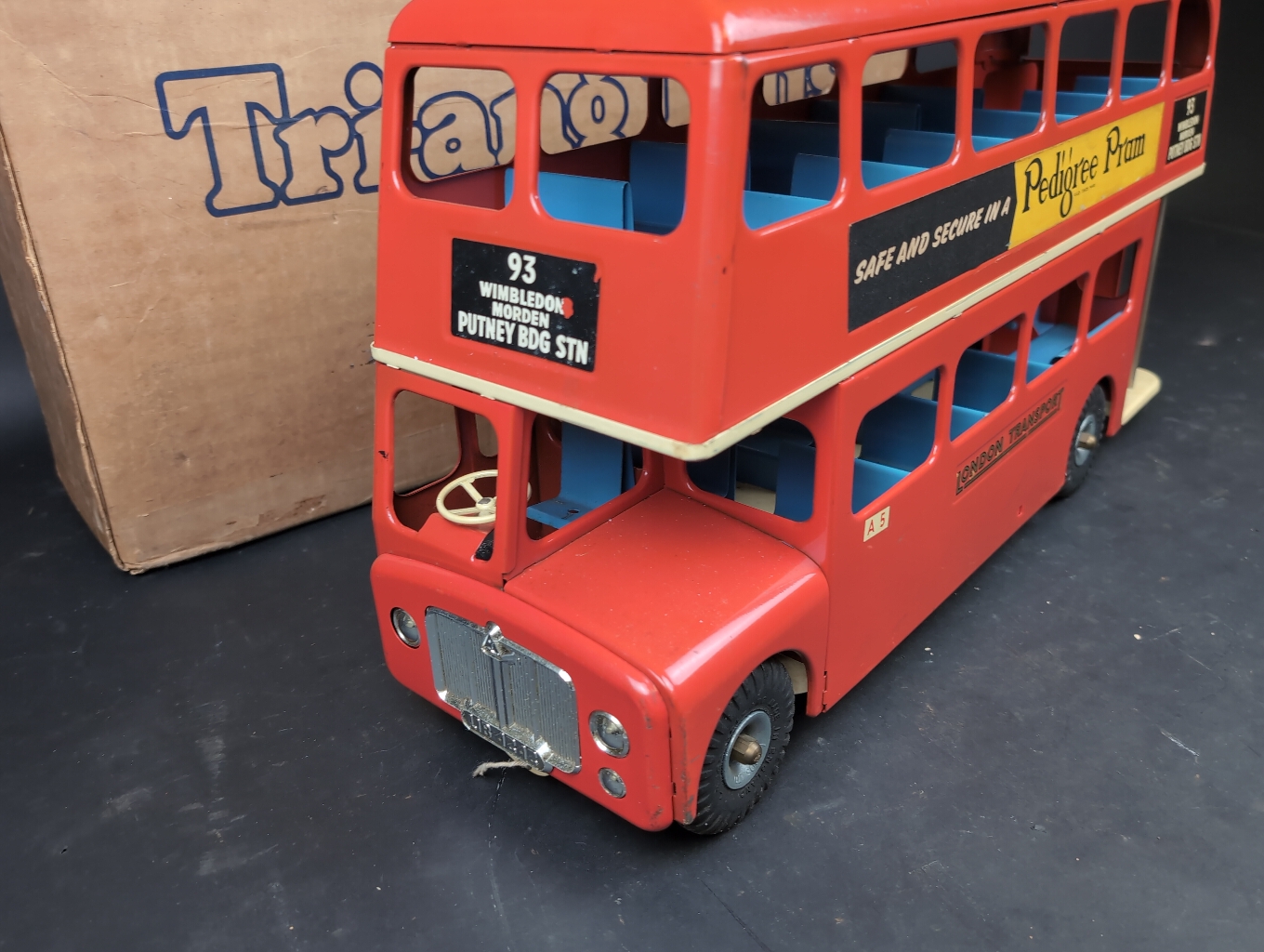 Tri-ang tin plate model double decker bus displaying route 93 Wimbledon ...