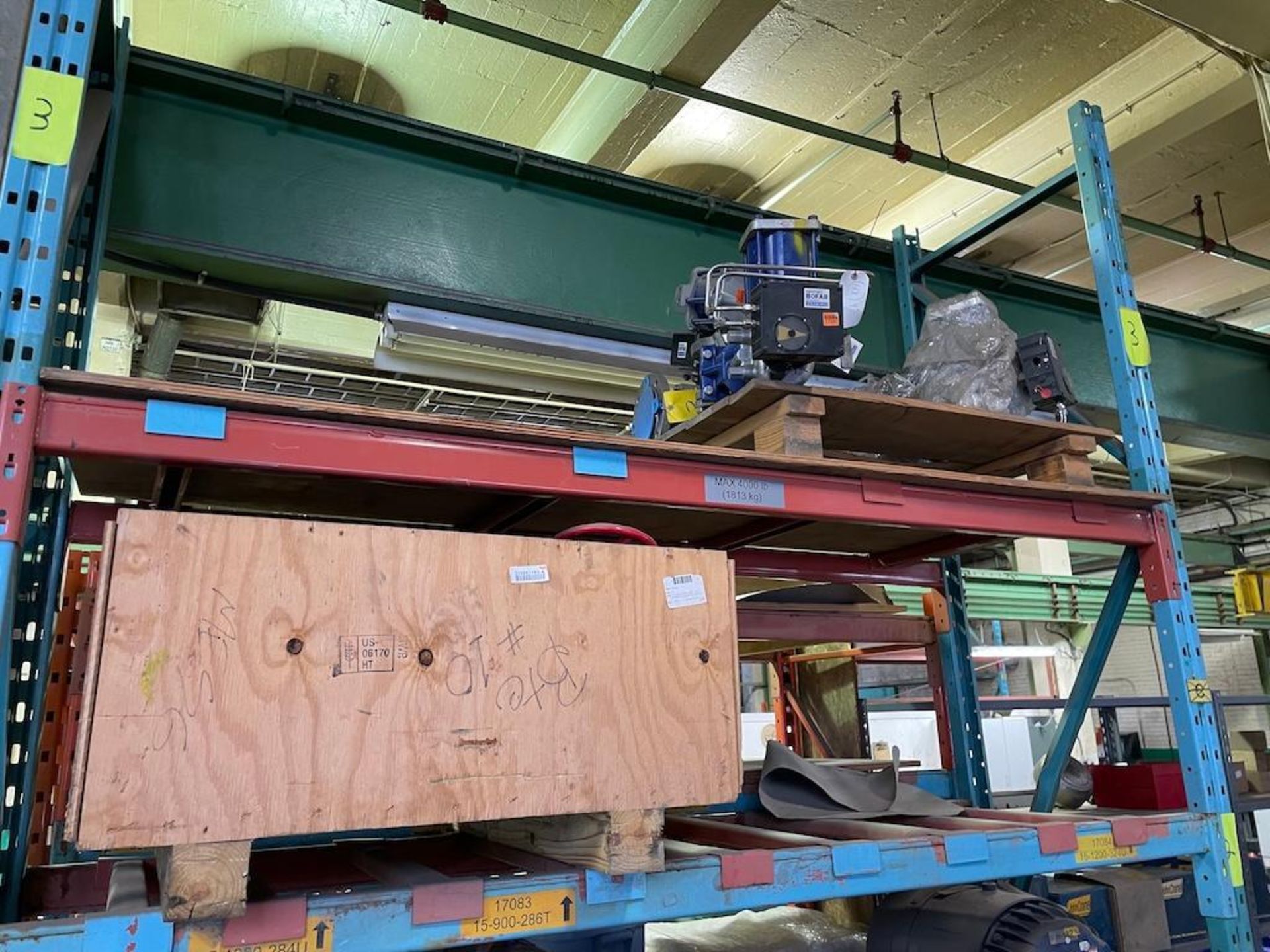 LOT SECTION OF RACKING W ASSORTED PARTS OF PUMPS, MOTORS, VALVES [SHOP]