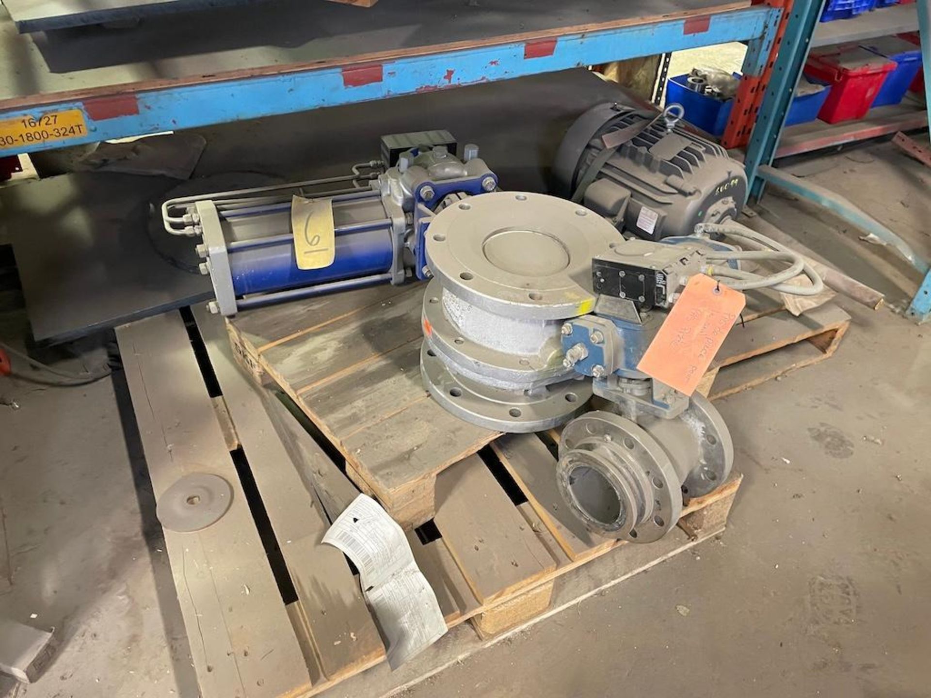 LOT SECTION OF RACKING W ASSORTED PARTS OF PUMPS, MOTORS, VALVES [SHOP]