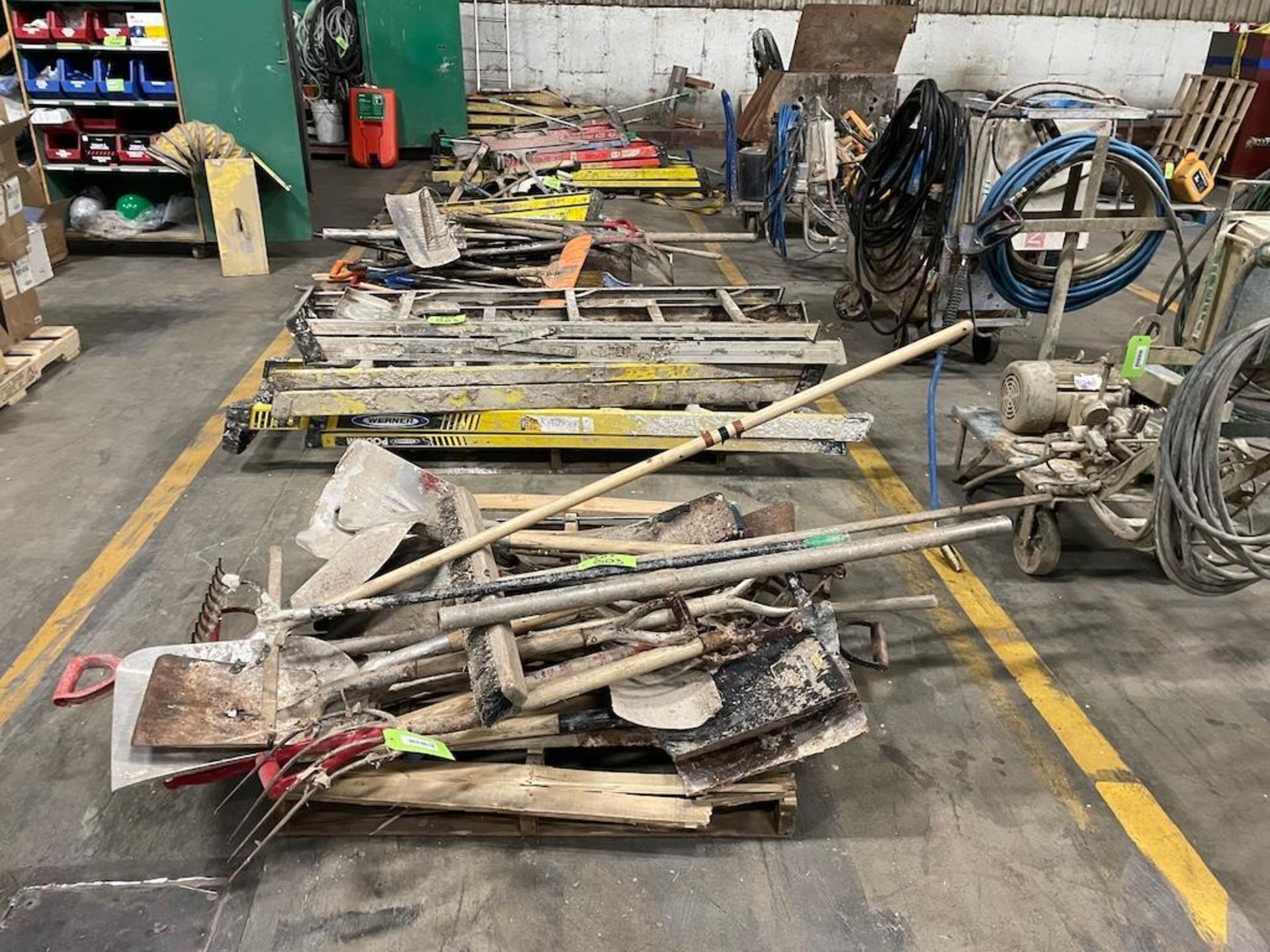LOT (6) SKIDS OF ASSORTED SHOVELS, RAKES, LADDERS, BROOMS [SOUTH BAY]