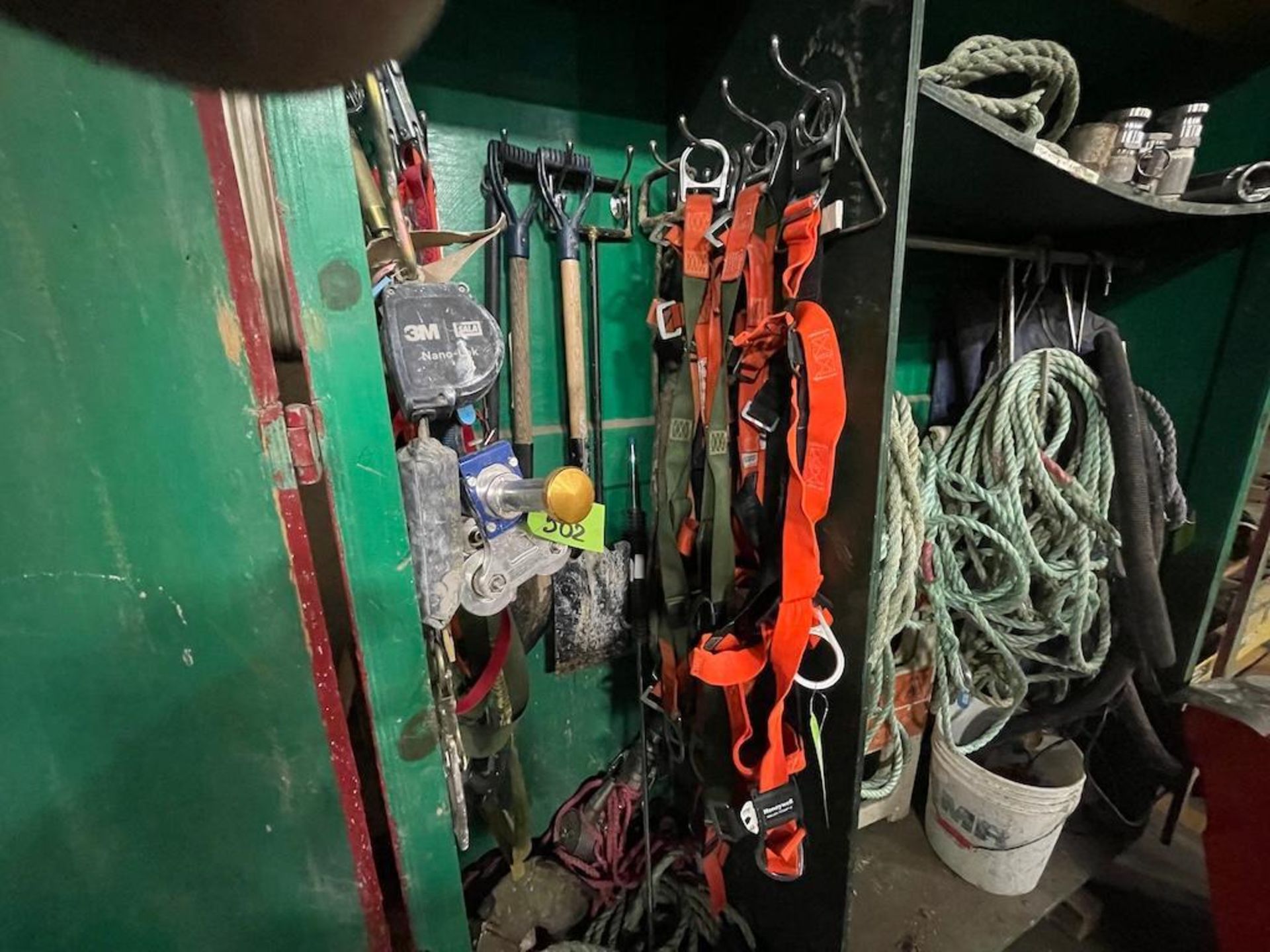 CABNET OF ASSORTED ROPES, HARNESSES, EYE WASH STATION [SOUTH BAY]