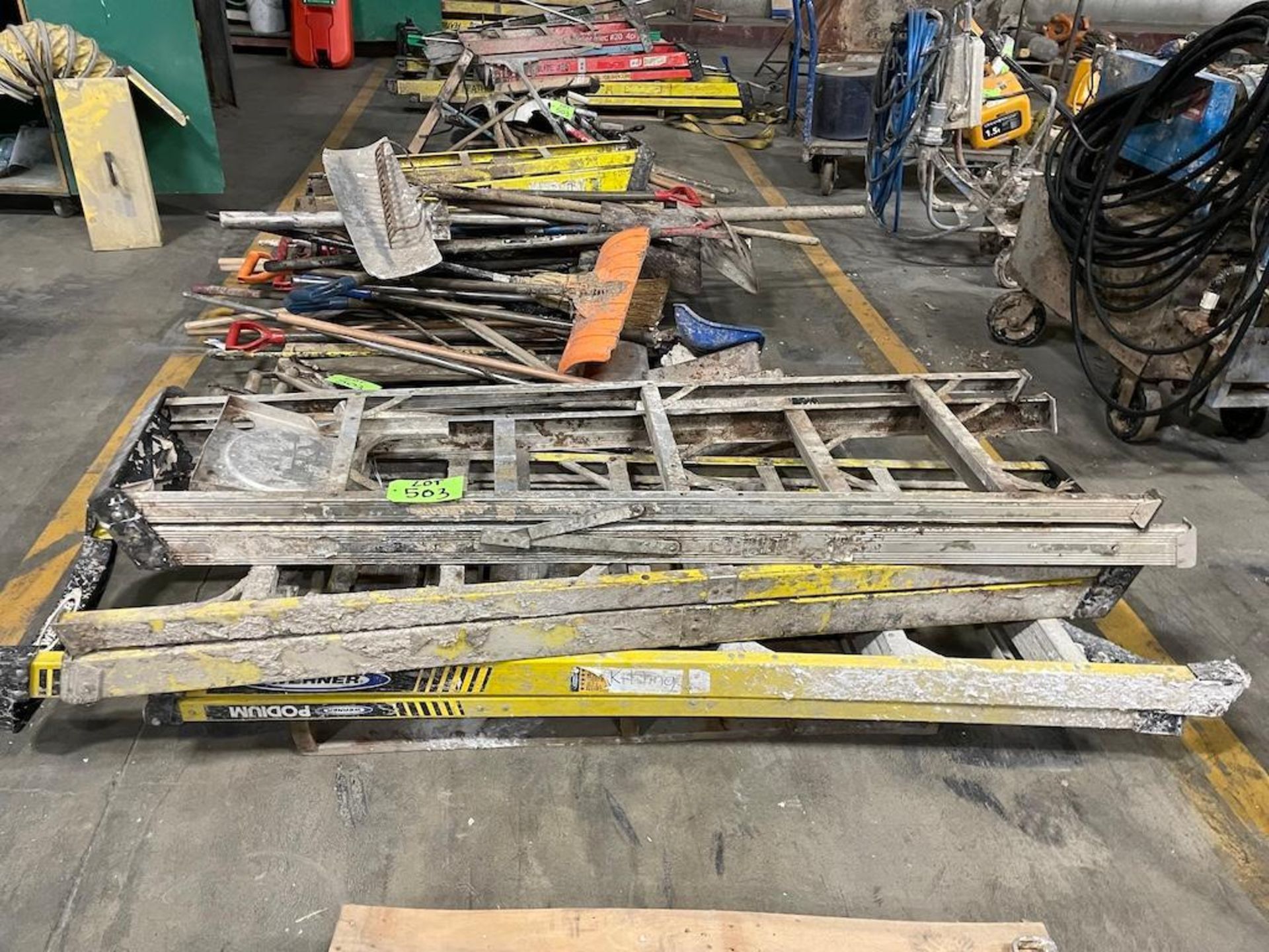 LOT (6) SKIDS OF ASSORTED SHOVELS, RAKES, LADDERS, BROOMS [SOUTH BAY]