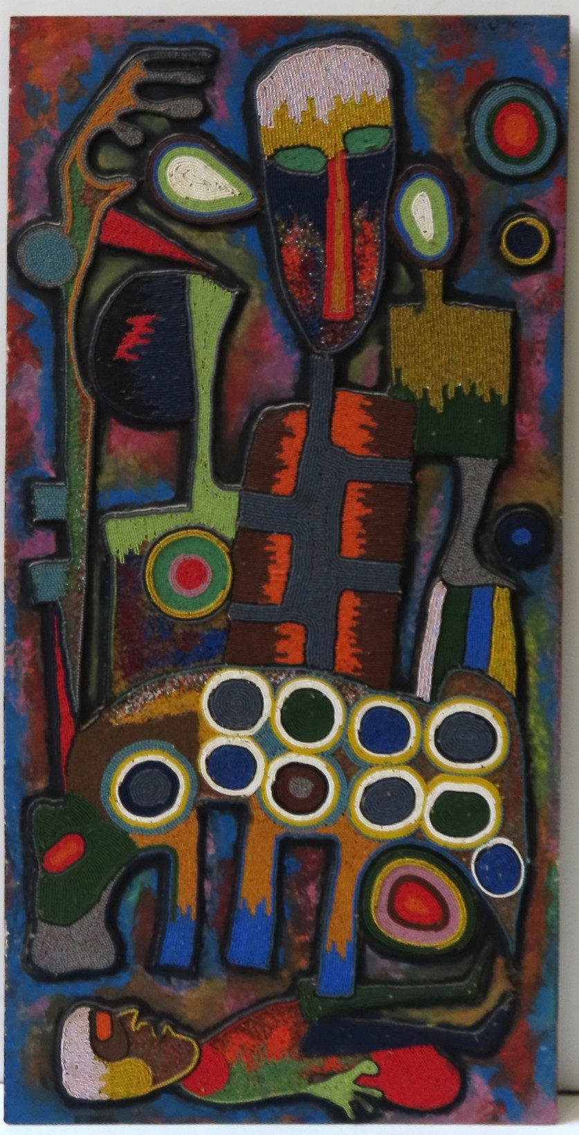 JIMOH BURAIMOH (Nigerian, b.1943) 'FRIGHT' OIL ON BOARD/BEAD WORK ...