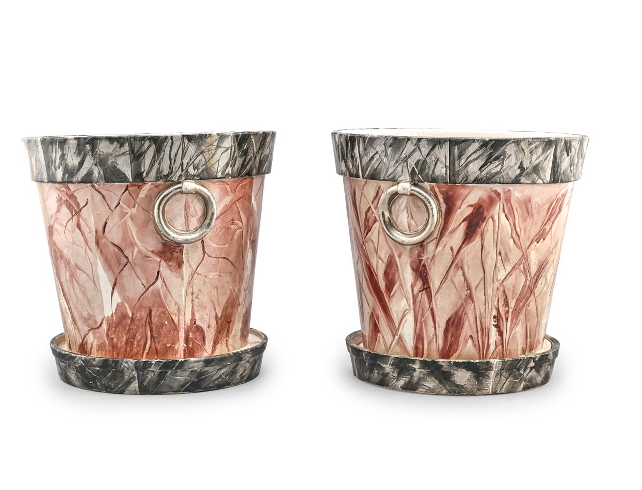 A PAIR OF MARBLED RED POTTERY JARDINIÈRES AND STANDS PROBABLY ITALIAN ...
