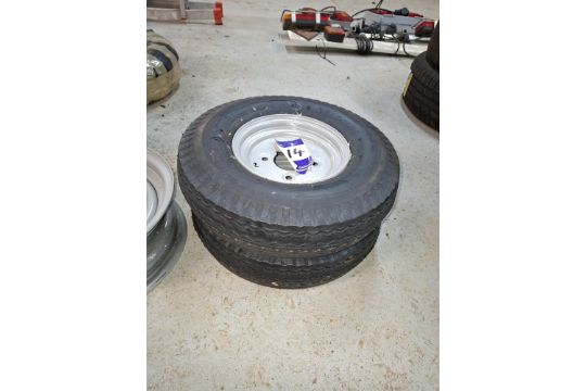 2 Deli Tyres on Steel Rims. 4.80/4.00-8 with 4 stud centre steel rims