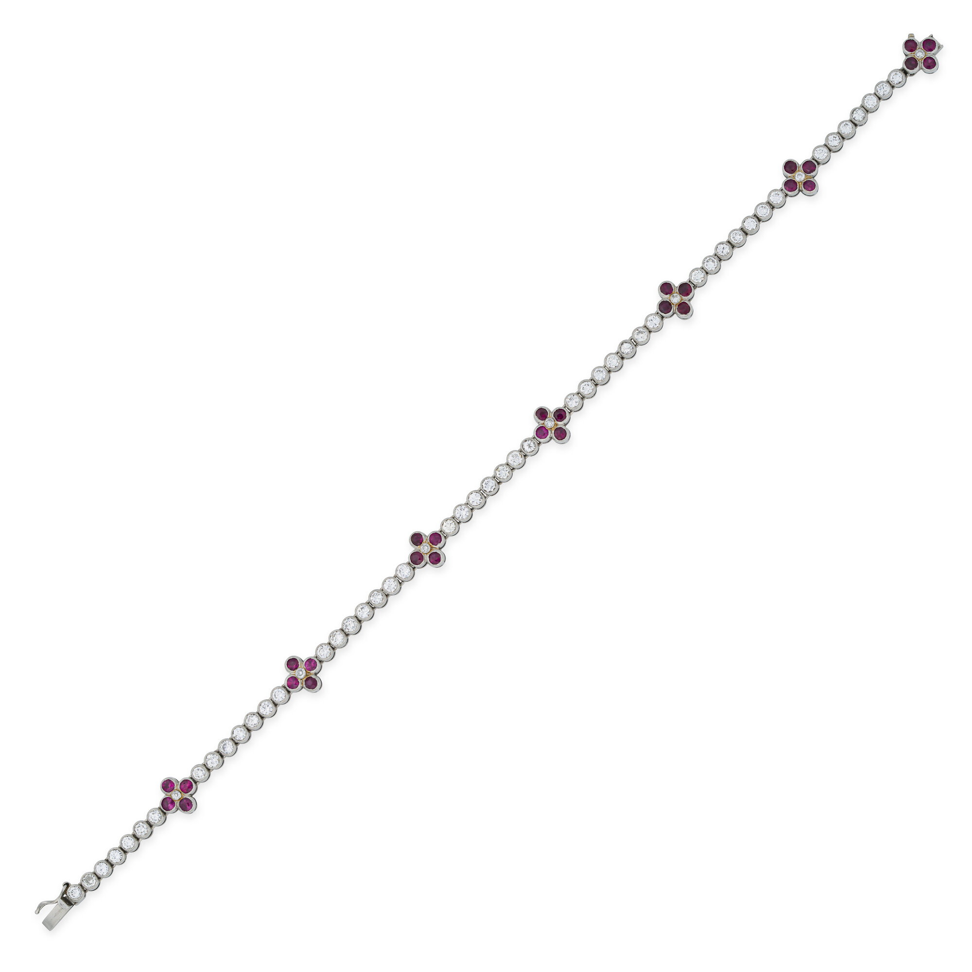 NO RESERVE - A RUBY AND DIAMOND BRACELET comprising a row of round ...
