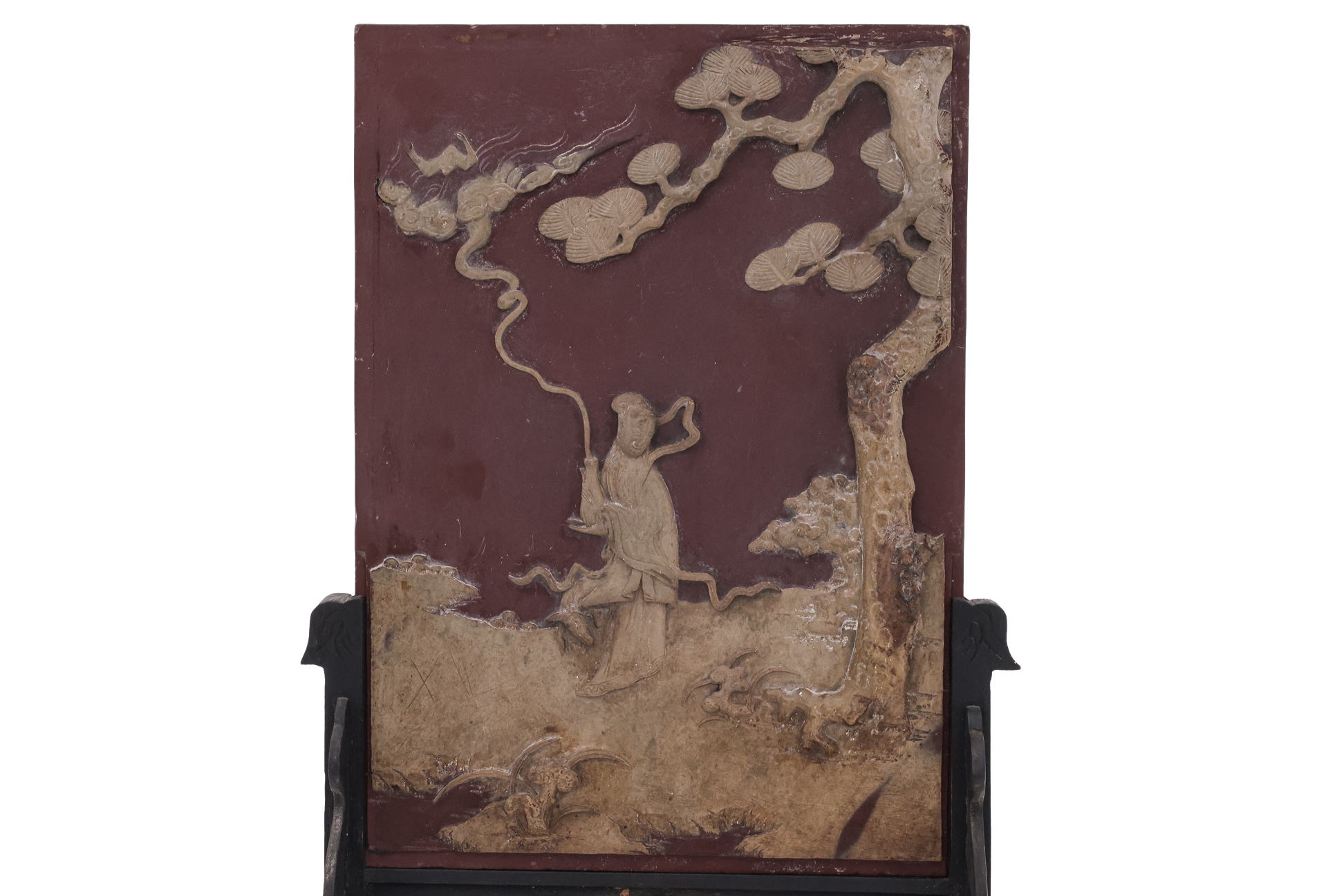 A CARVED DUAN STONE TABLE SCREEN Carved in relief with a female figure ...
