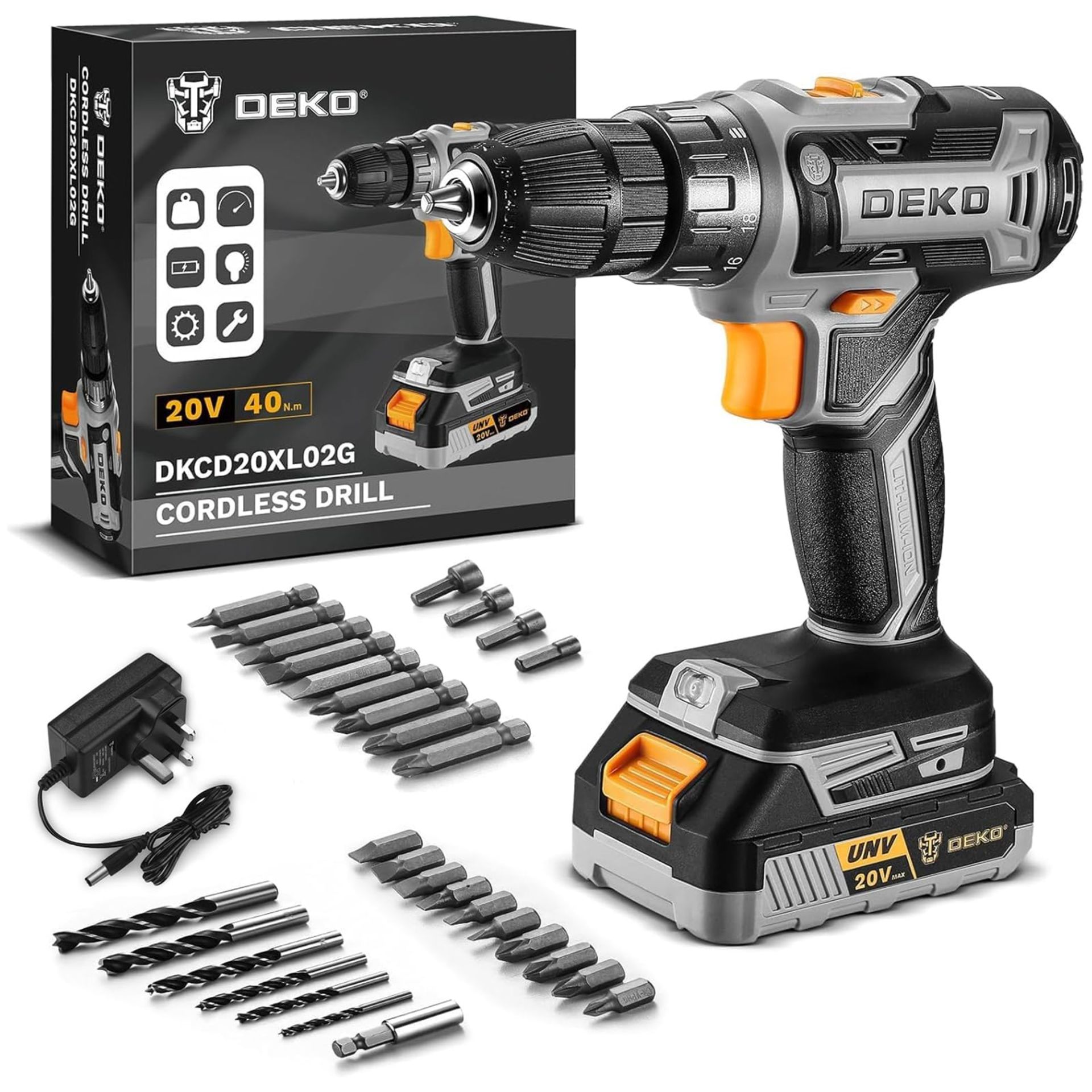 DEKOPRO 20V Cordless Drill Set with Battery and Charger - Electric ...