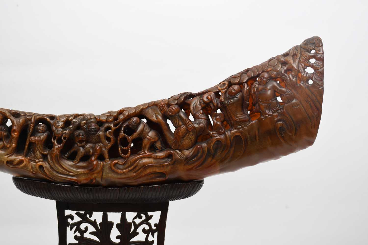 A Large Chinese Carved Buffalo Horn On Carved Hardwood Stand Carved