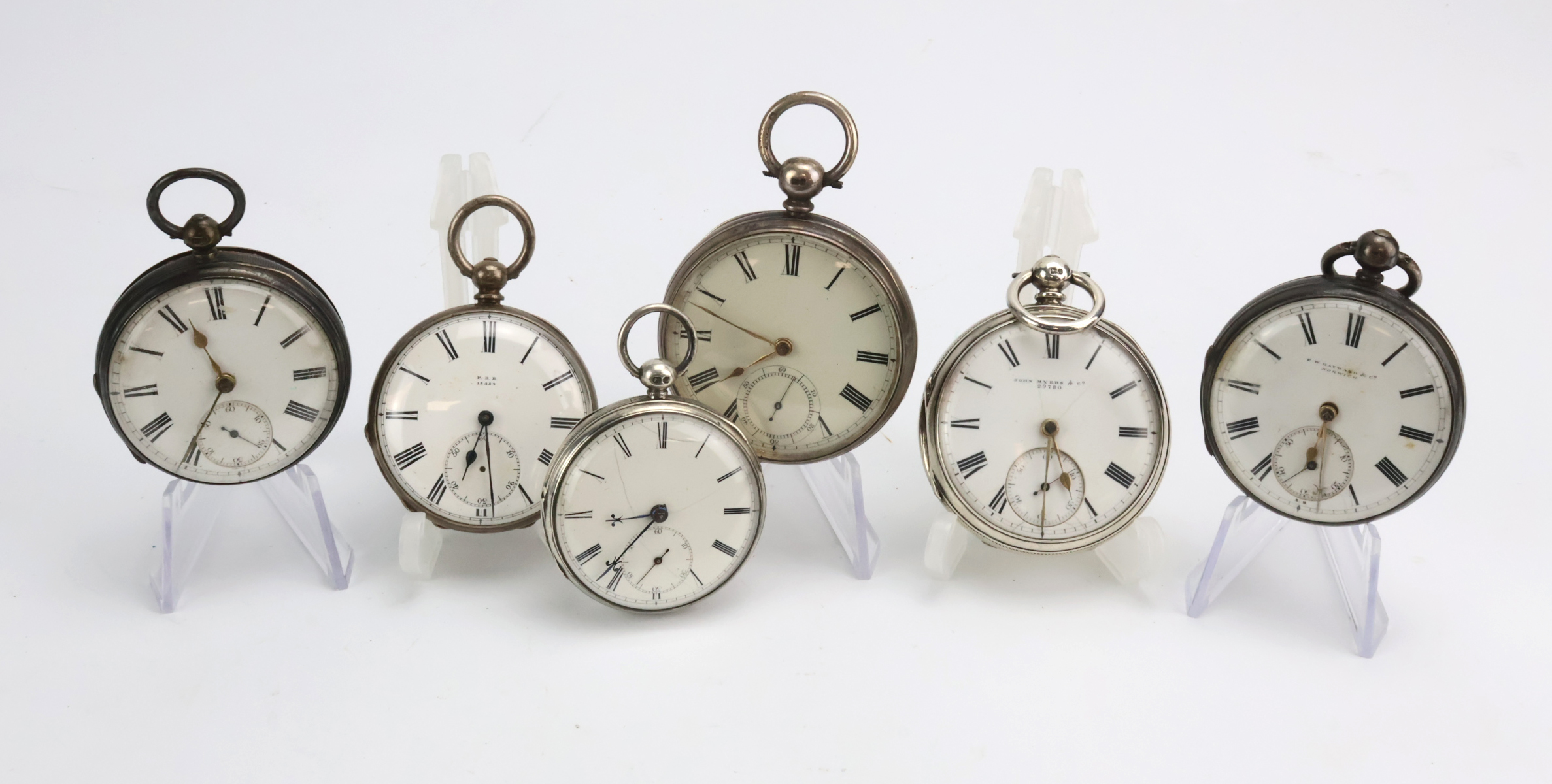 Assortment of six silver cased open face key wind pocket watches, each ...
