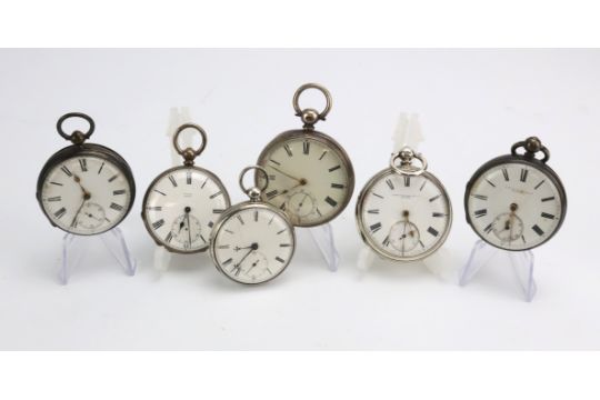 Assortment of six silver cased open face key wind pocket watches, each ...