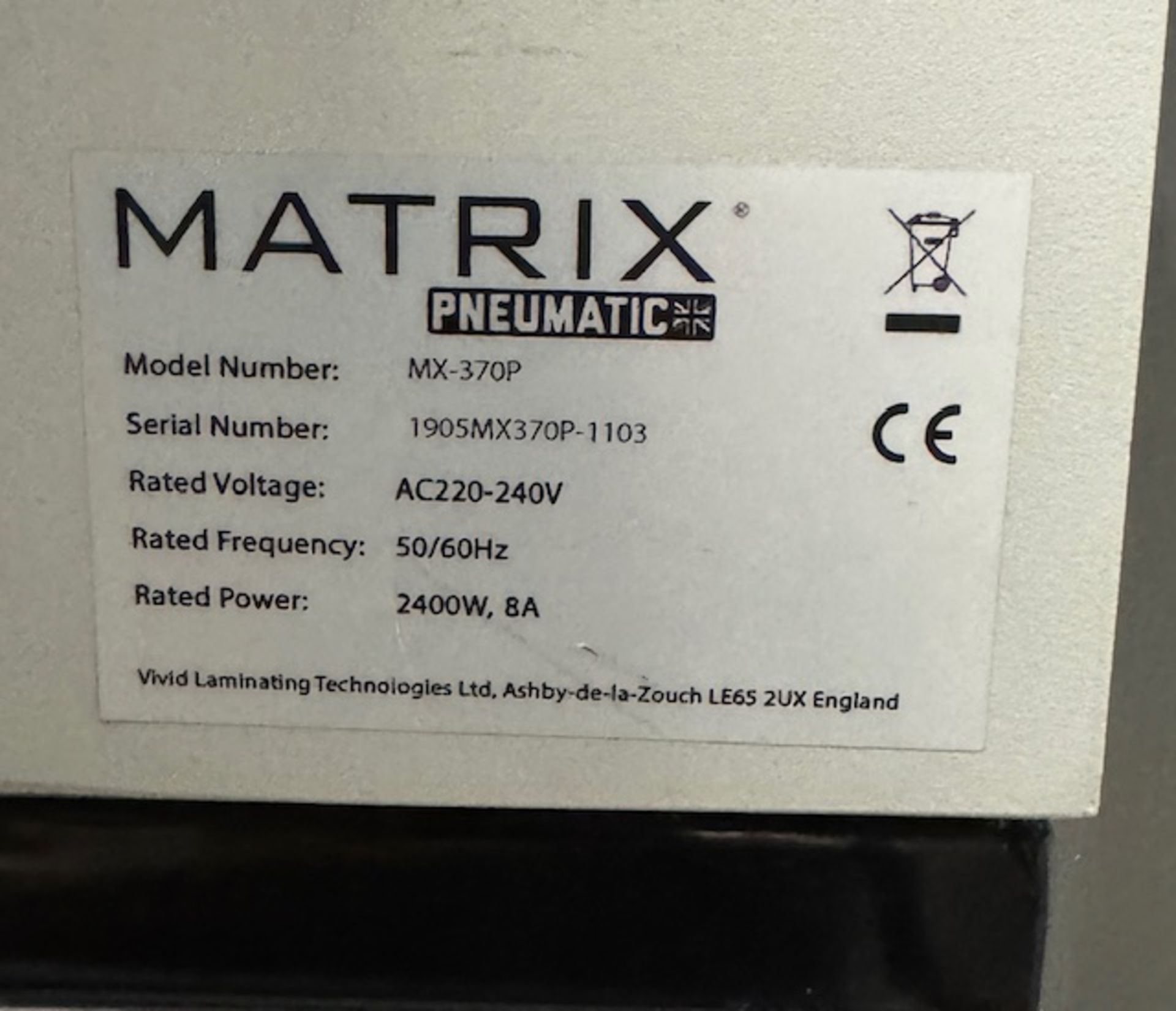 Matrix MX-370P Pneumatic Semi-Automatic Laminator, Serial Number ...