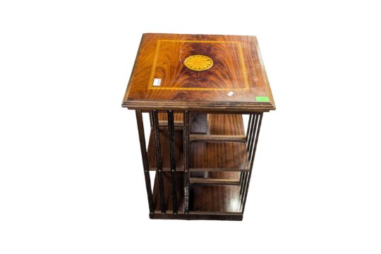 Edwardian revolving mahogany bookcase. Square form with inlaid circular ...
