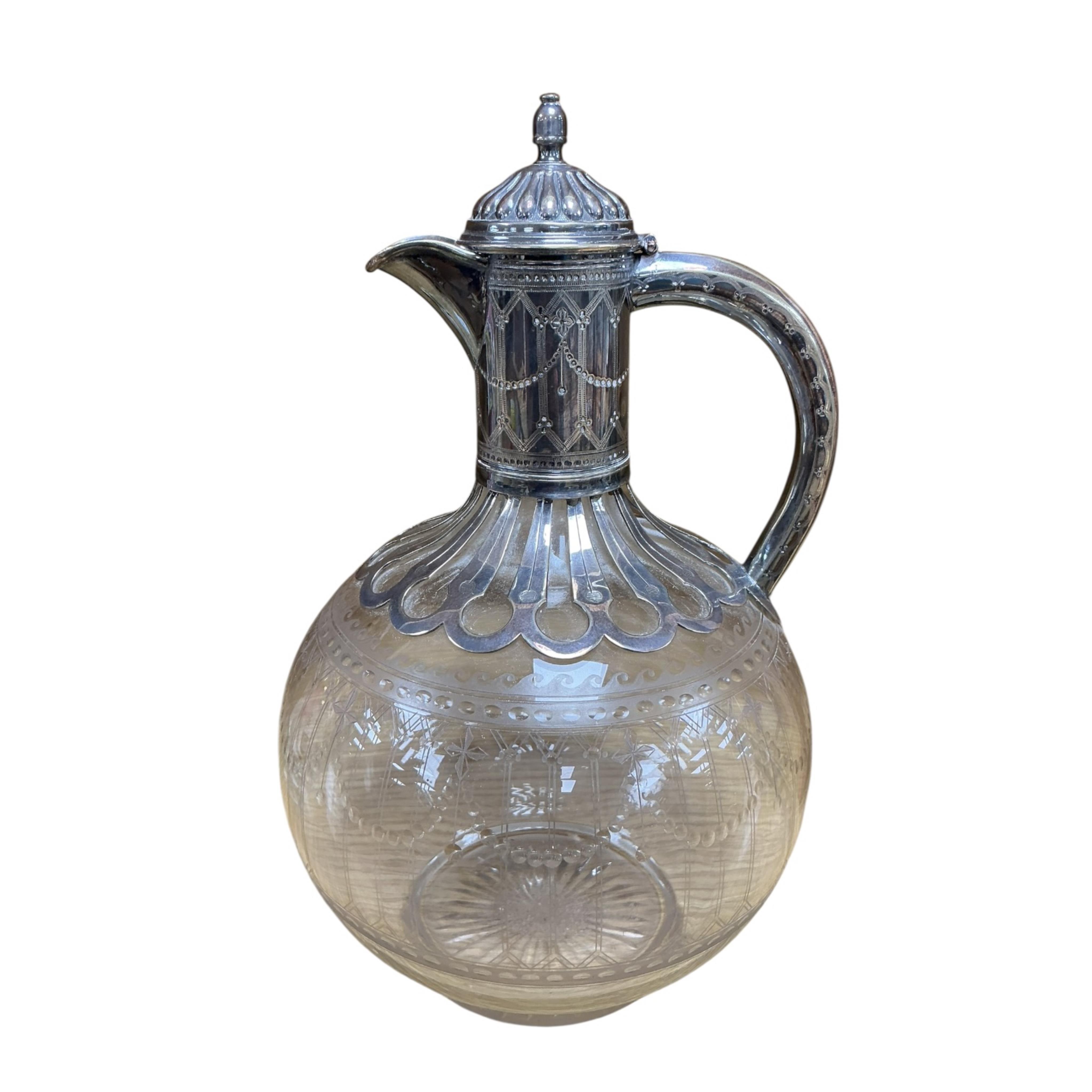 A Victorian silver plate mounted etched glass claret jug, height 22cm.