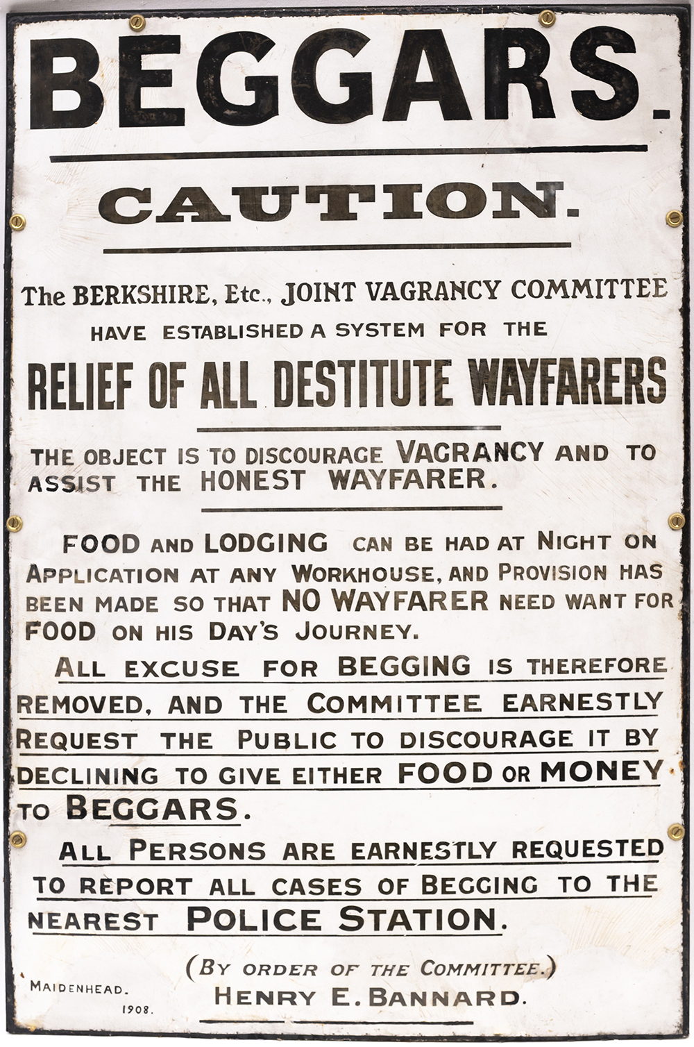 Public information enamel street sign BEGGARS CAUTION THE BERKSHIRE ...
