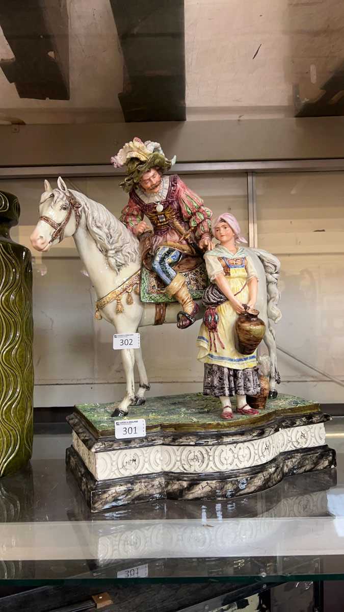 Late 19th/early 20th century ceramic figural group of cavalier on horse ...